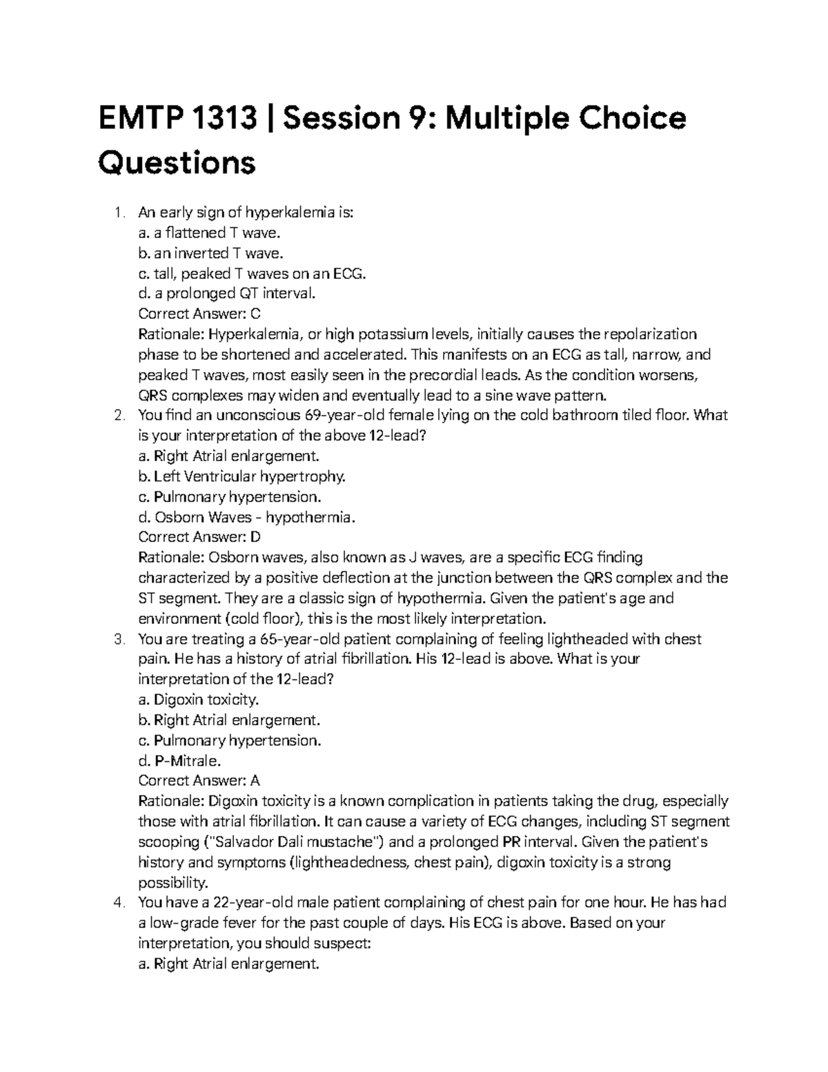 EMTP 1313 | Session 9: ECG Interpretation MCQs and Rationale - Studocu