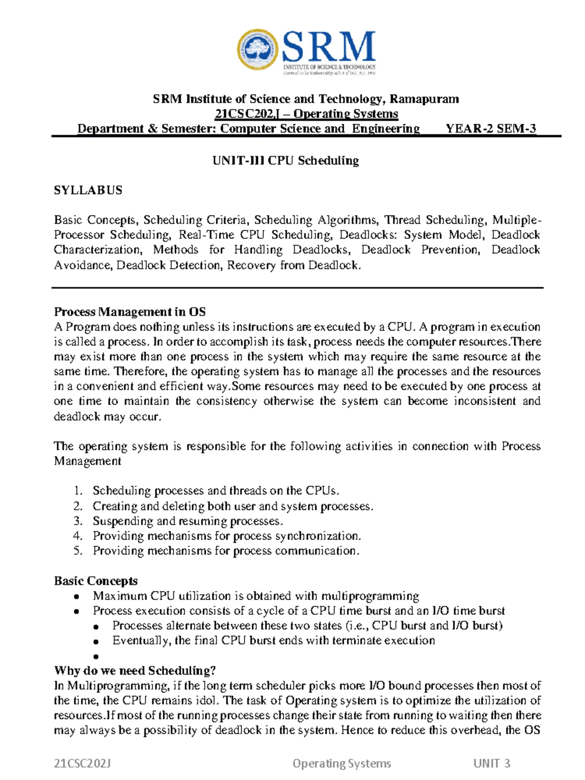 21CSC202J Operating Systems UNIT 1: Introduction to OS Concepts - Studocu