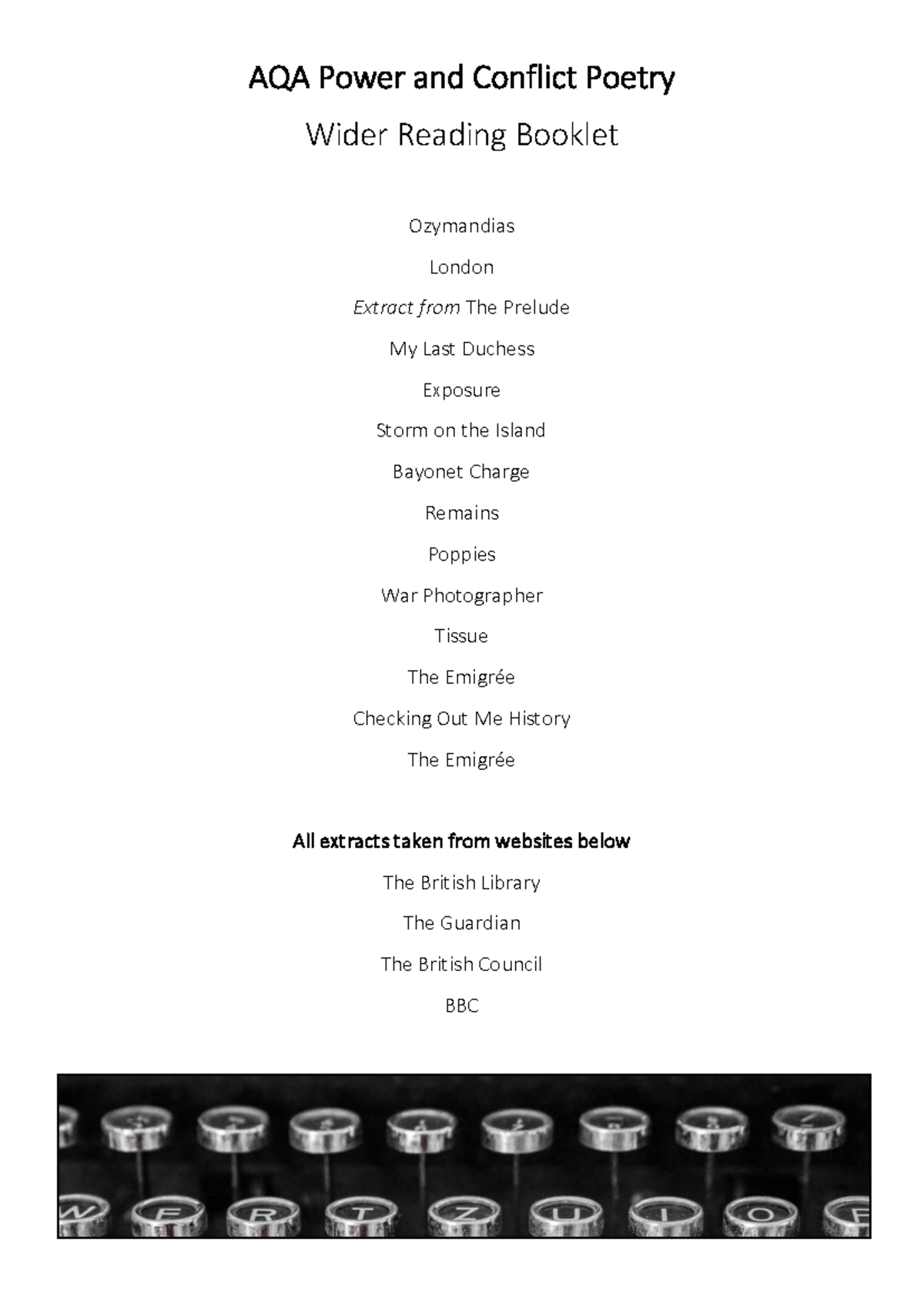 AQA Power and Conflict Poetry Wider Reading Booklet: Key Extracts and ...