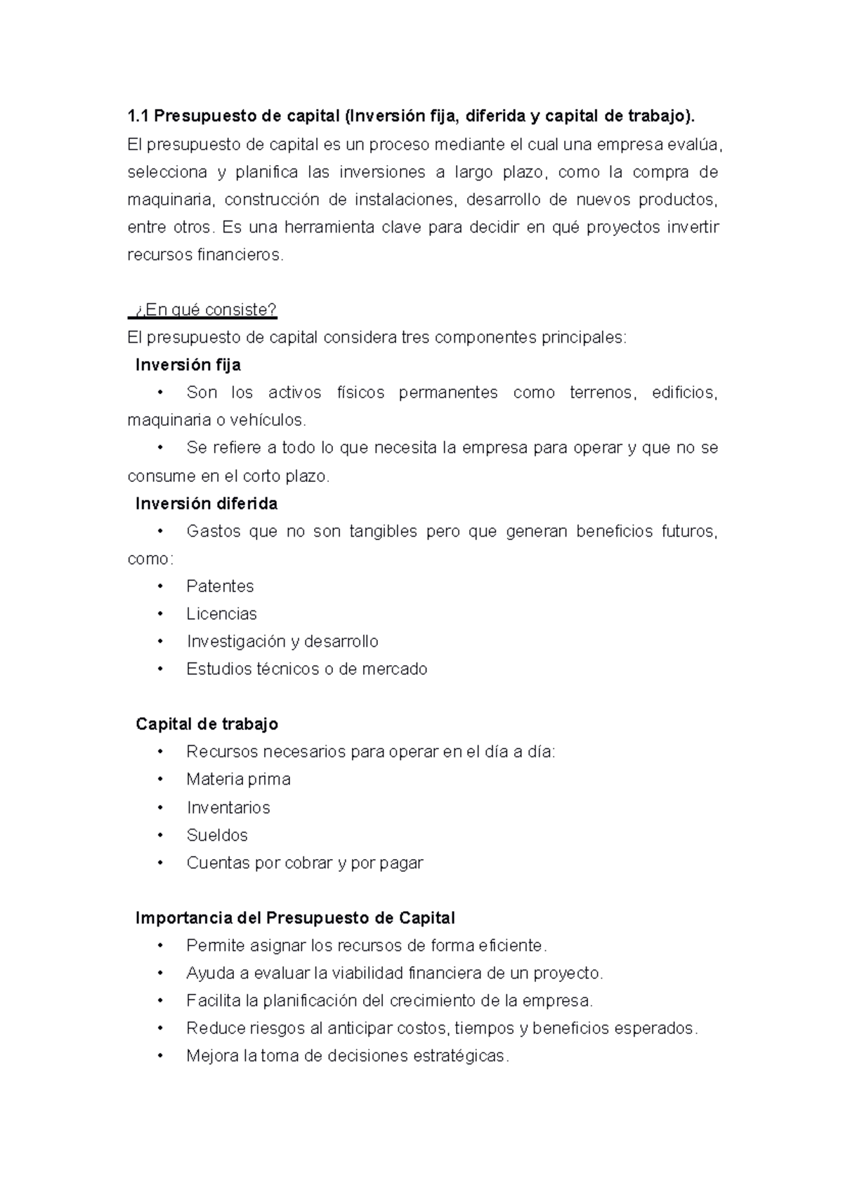 1.1 Presupuesto de Capital: Inversión Fija, Diferida y Capital de ...