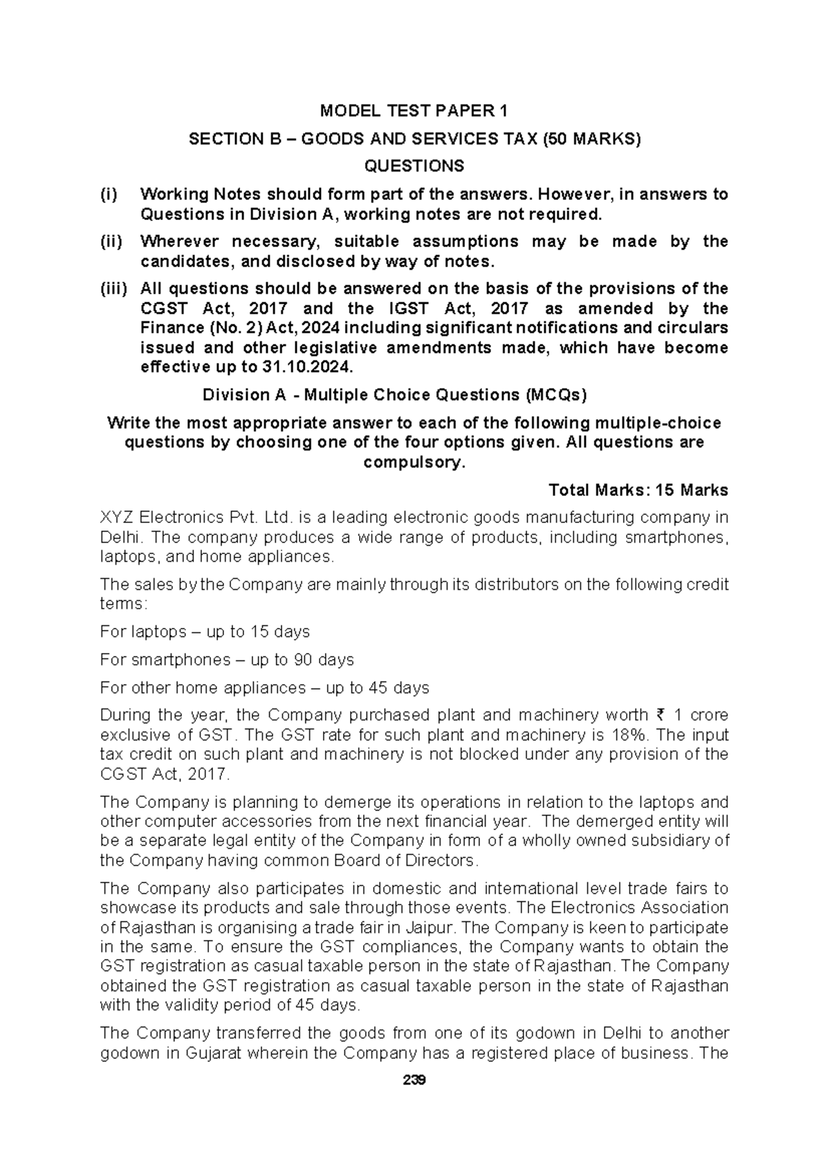 MODEL TEST PAPER 1: GOODS AND SERVICES TAX (GST) - 50 MARKS - Studocu