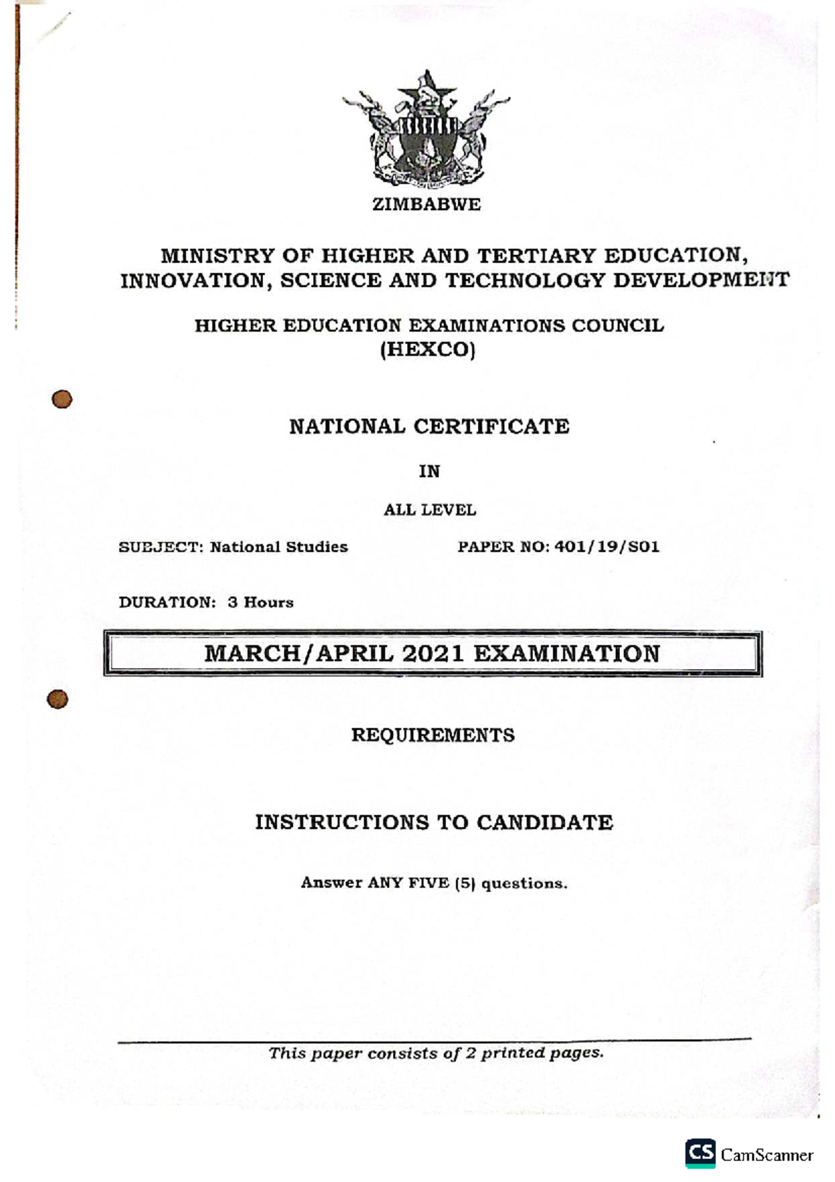 National Studies Exam Paper - HEXCO National Certificate CS 2021 - Studocu