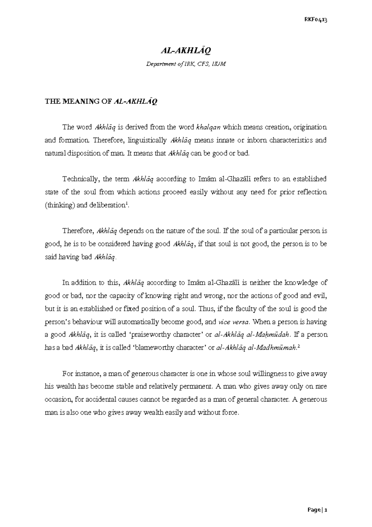 Meaning of Akhlaq in Islamic Ethics - IRK CFS IIUM Study Notes - Studocu