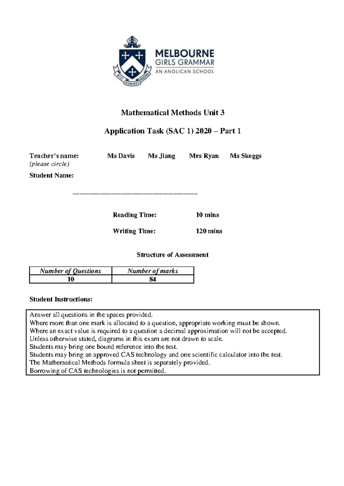 12MM Application Task SAC 1 part 1 - Mathematical Methods Unit 3 ...