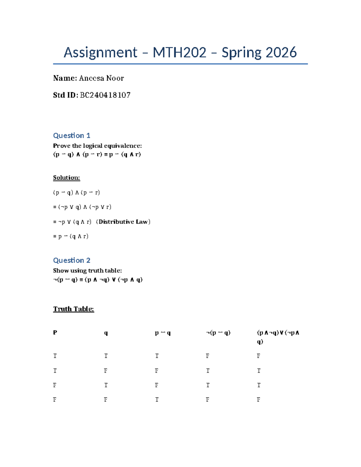 MTH202 Assignment 1: Logical Equivalence & Truth Table Solutions - Studocu