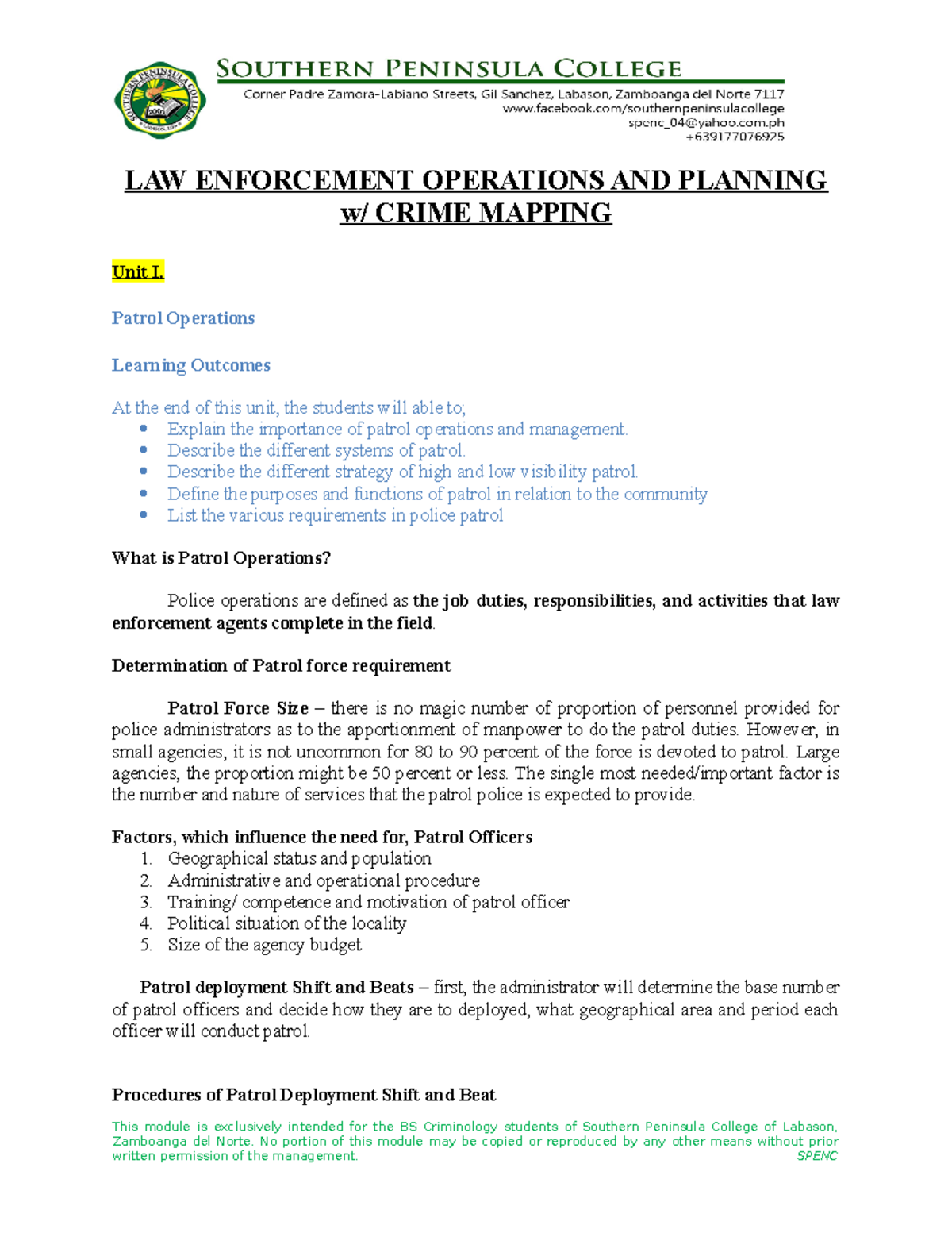 BS Criminology - Patrol Operations & Crime Mapping Overview - Studocu