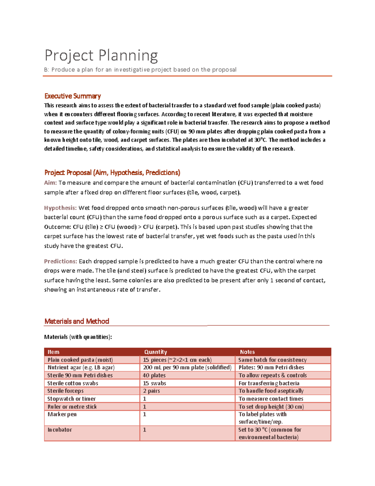 Unit 6 B: Project Planning on Bacterial Transfer in Food Samples - Studocu