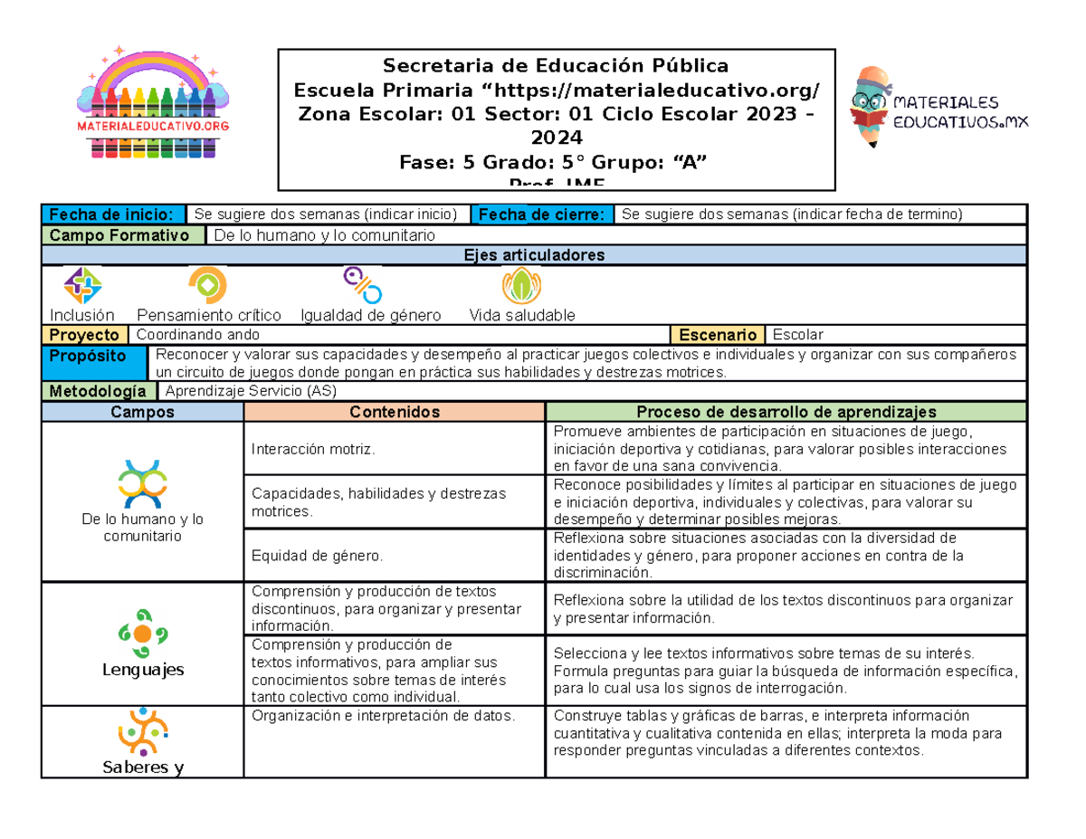 Planeación del Proyecto "Coordinando Ando" 5to Grado - Studocu