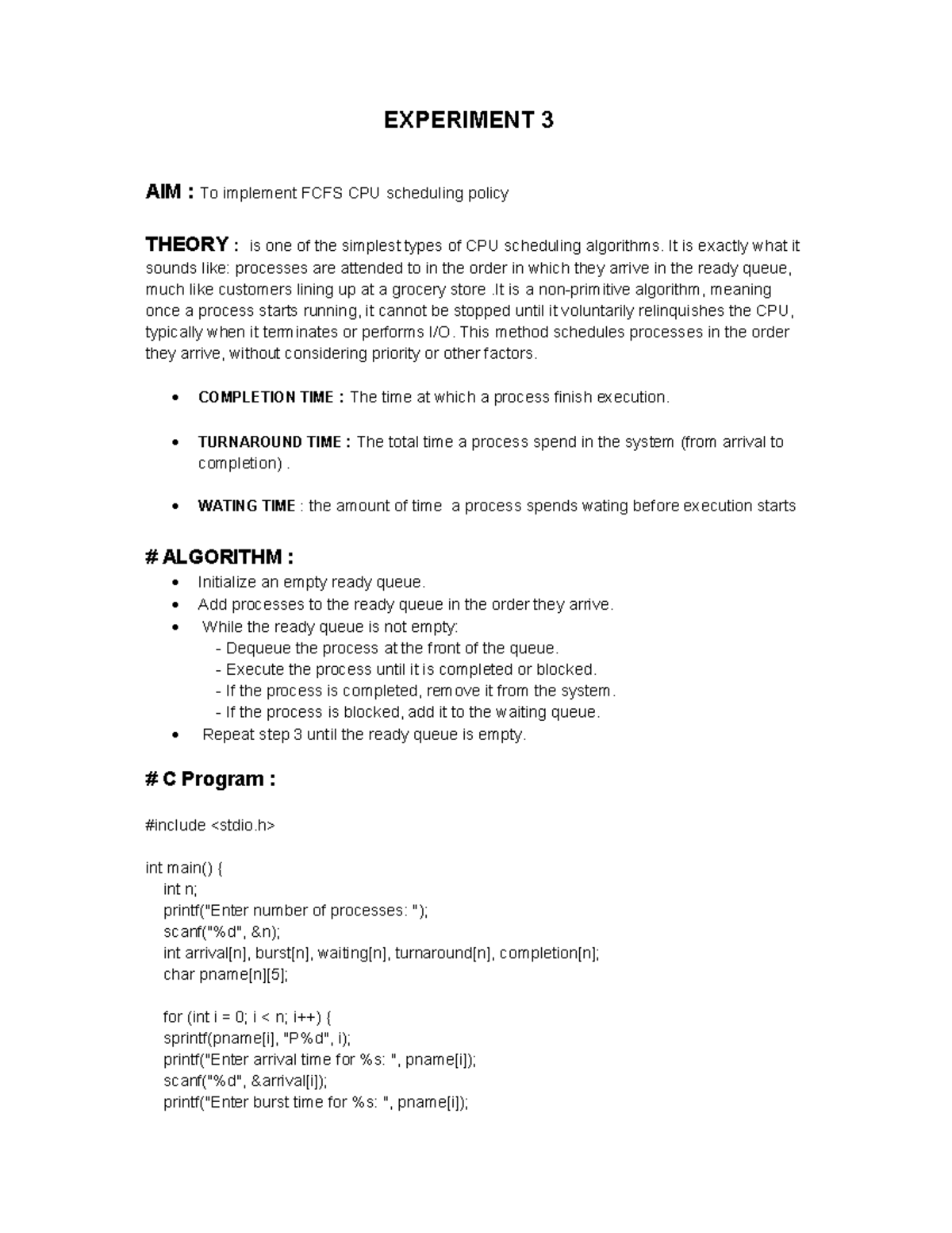 FCFS CPU Scheduling Implementation - Exp 3 - Studocu
