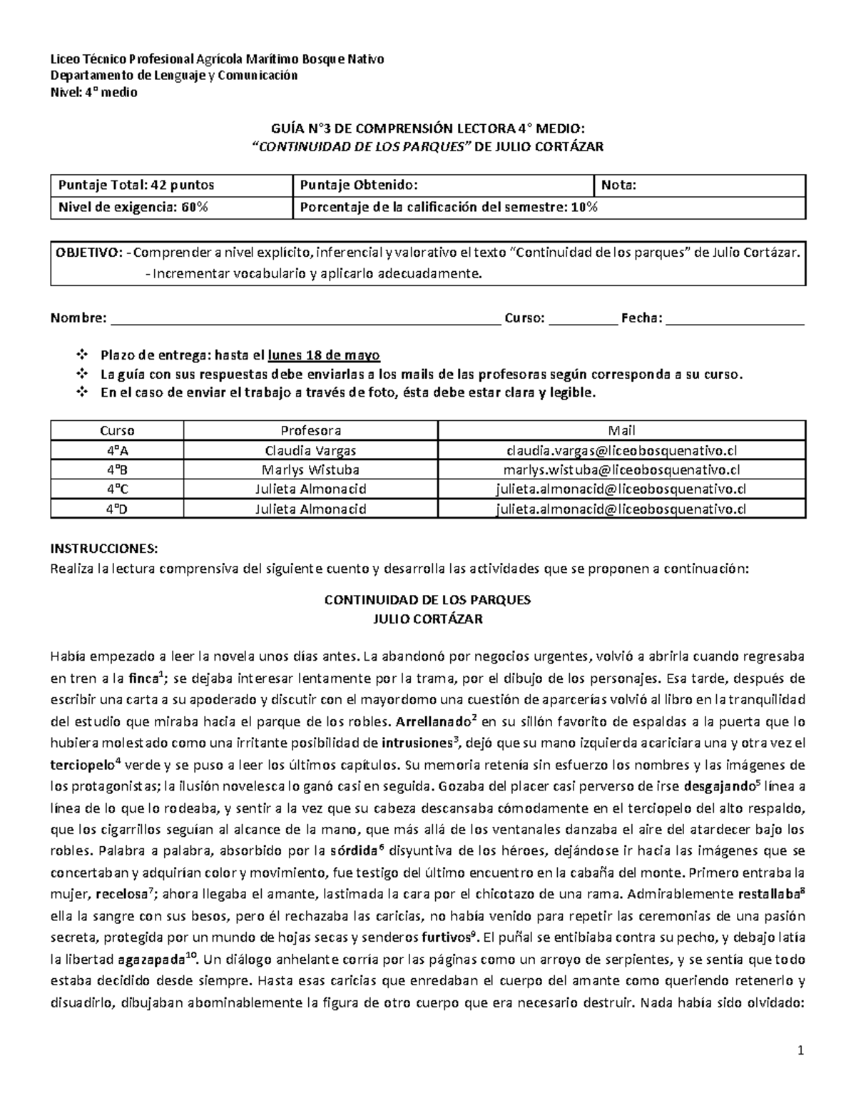 Guía de Comprensión Lectora: "Continuidad de los Parques" - 4° Medio ...