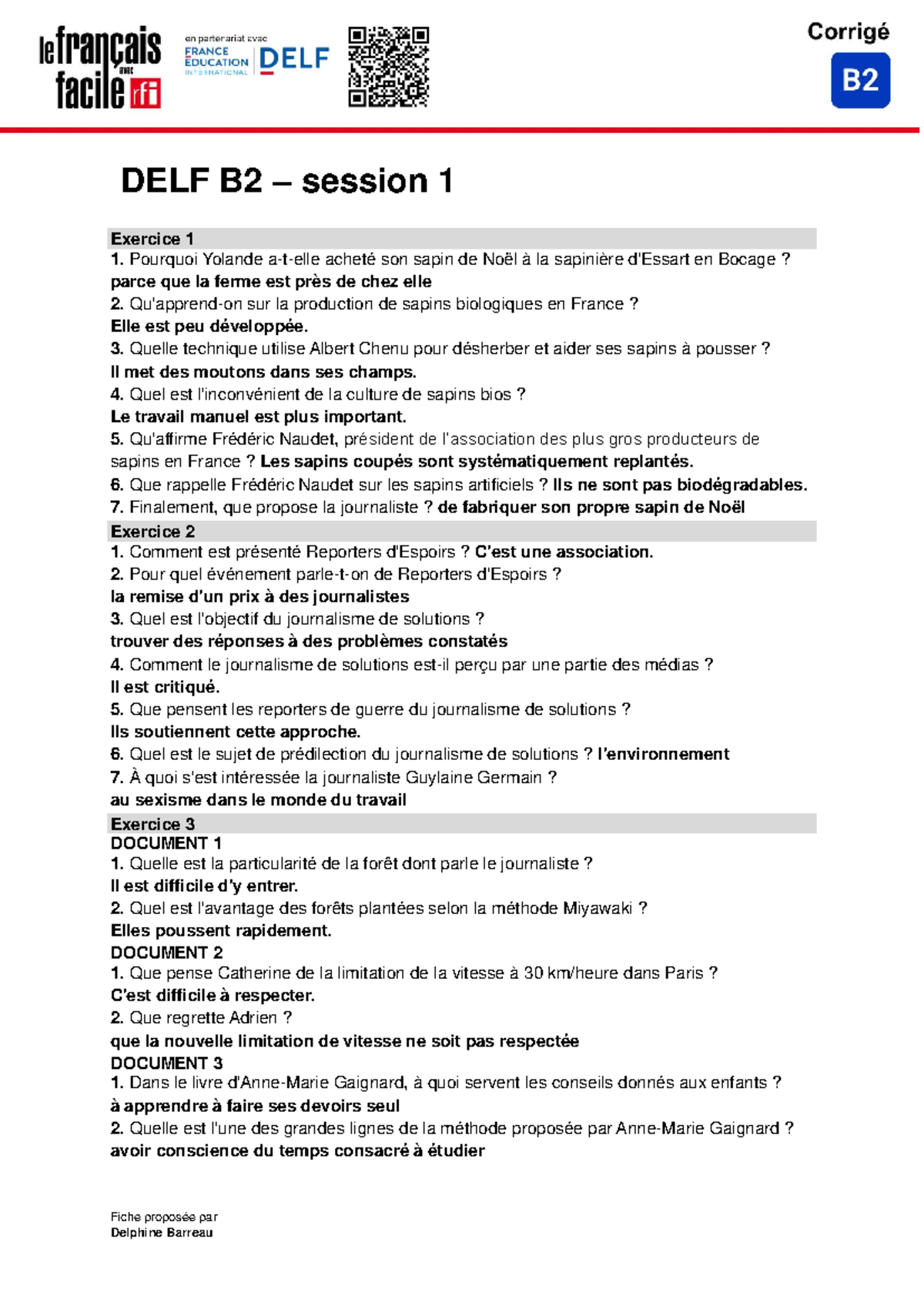 DELF B2 Session 1 Corrigés: Exercice et Analyse des Questions - Studocu