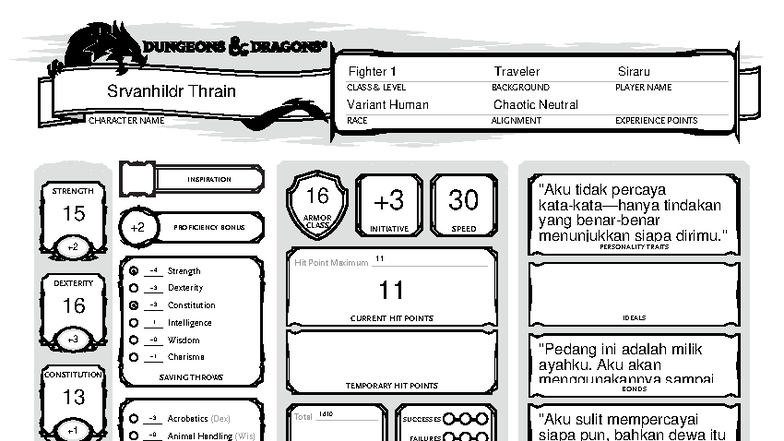 Character Sheet: Srvanhildr Thrain - Fighter 1 (Variant Human) - Studocu