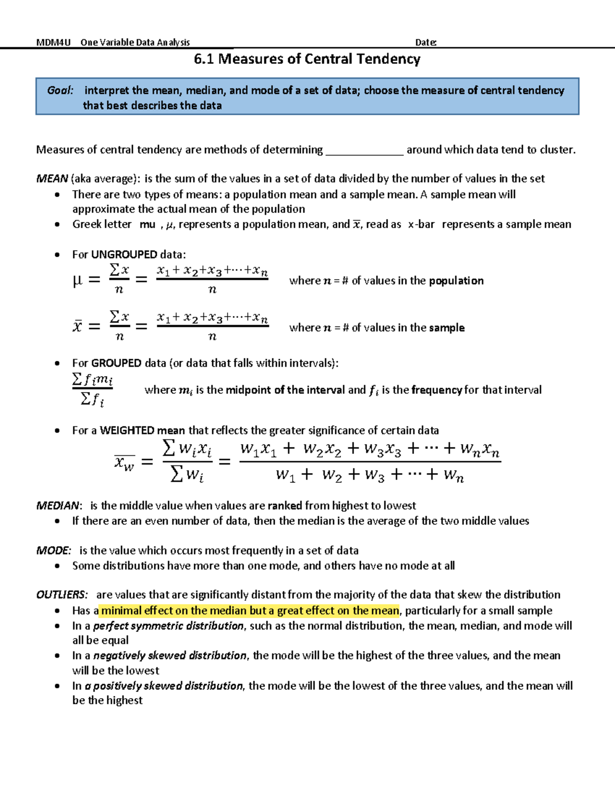 MDM4U One Variable Data Analysis: Measures of Central Tendency & Spread ...