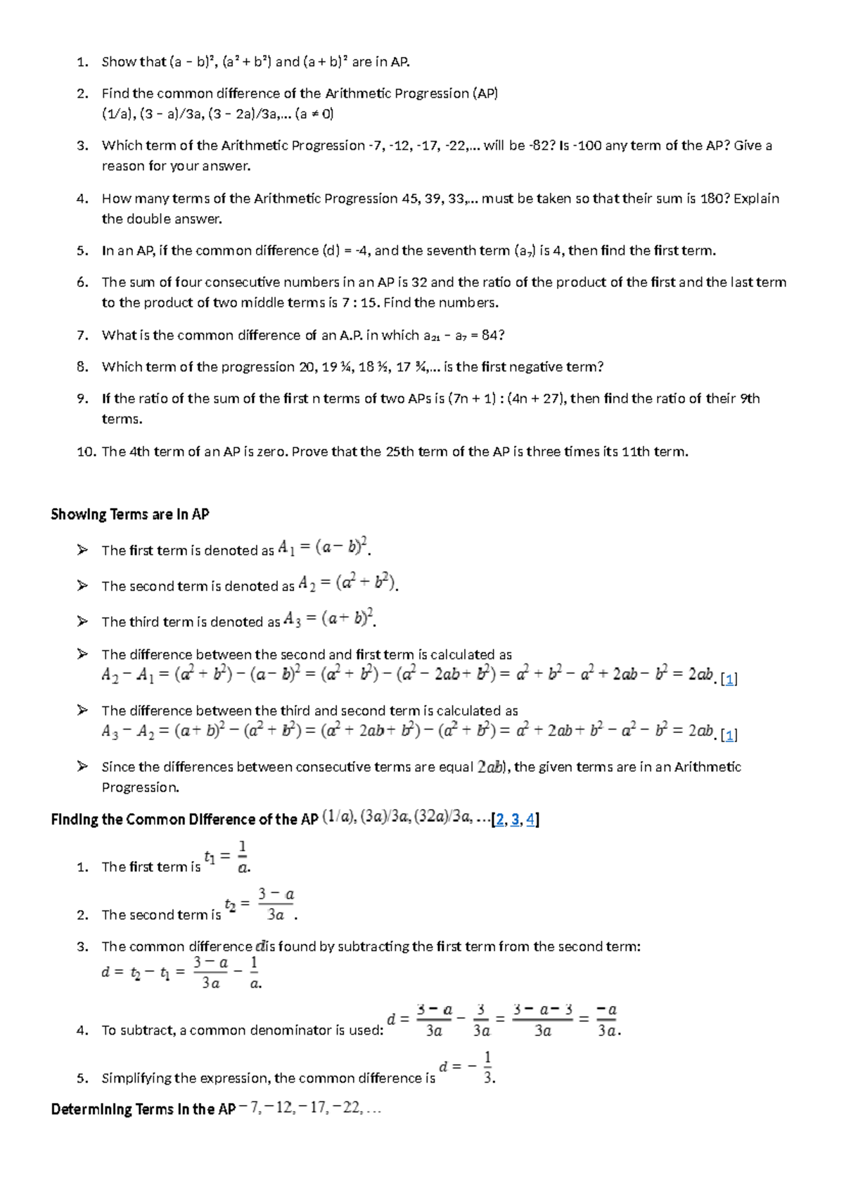 10th Grade Math Practice: Arithmetic Progression Problems - Studocu