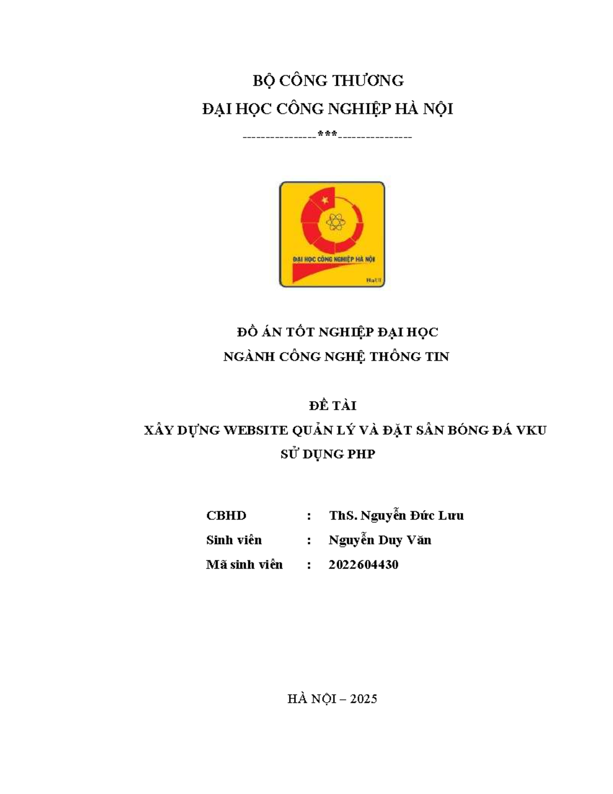 Đồ Án Tốt Nghiệp CNTT 2022604430: Xây Dựng Website Quản Lý Sân Bóng Đá ...