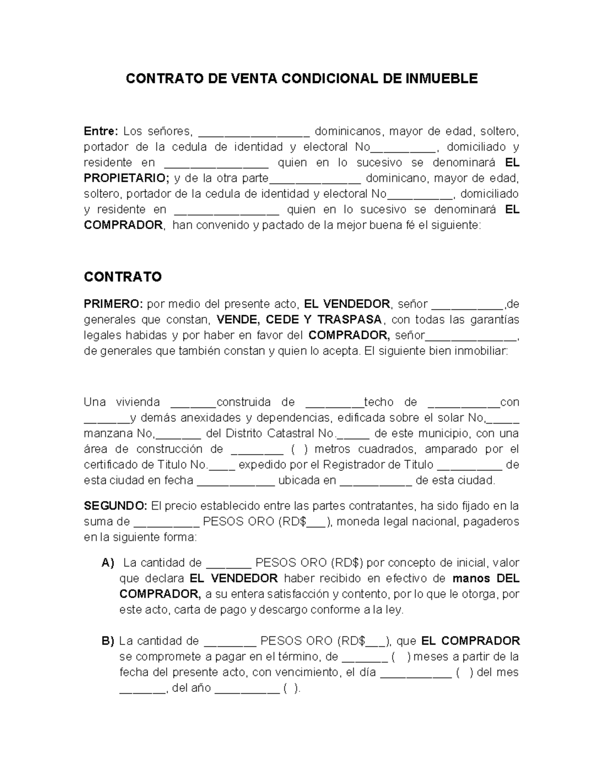 Contrato de Venta Condicional de Inmueble - Legal Document - Studocu