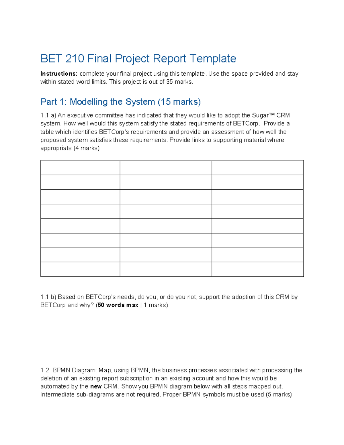BET 210 Final Project Report Template for Commerce 2KA3 - Studocu