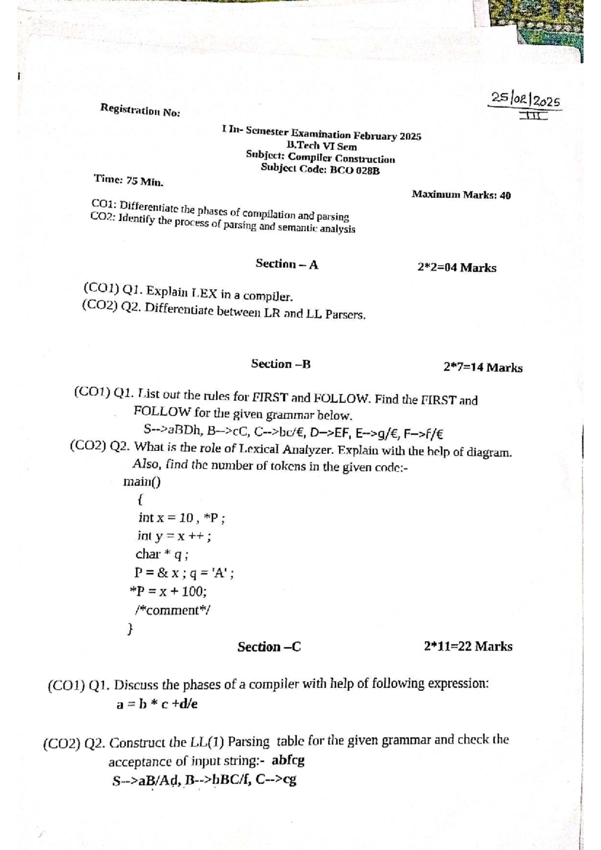 B.Tech VI Sem Compiler Construction Exam Paper (BCO 028B) - February ...