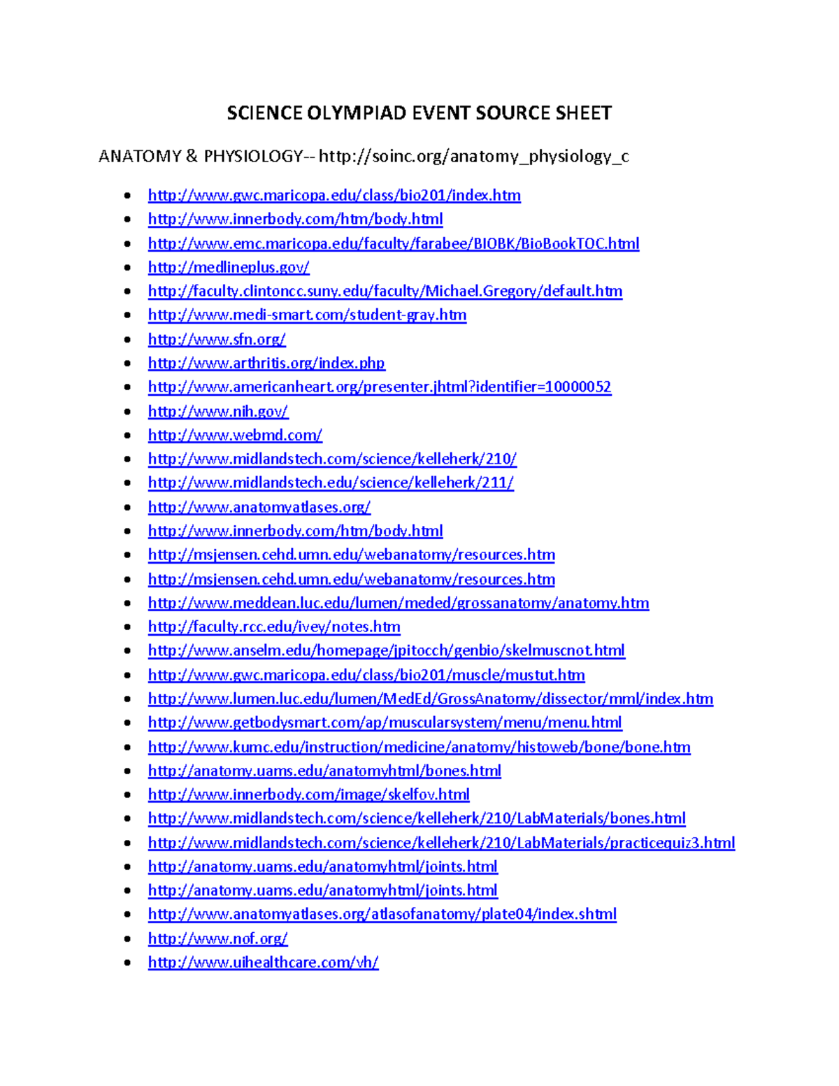 Science Olympiad Event Source Sheet: Anatomy & Chemistry Resources ...