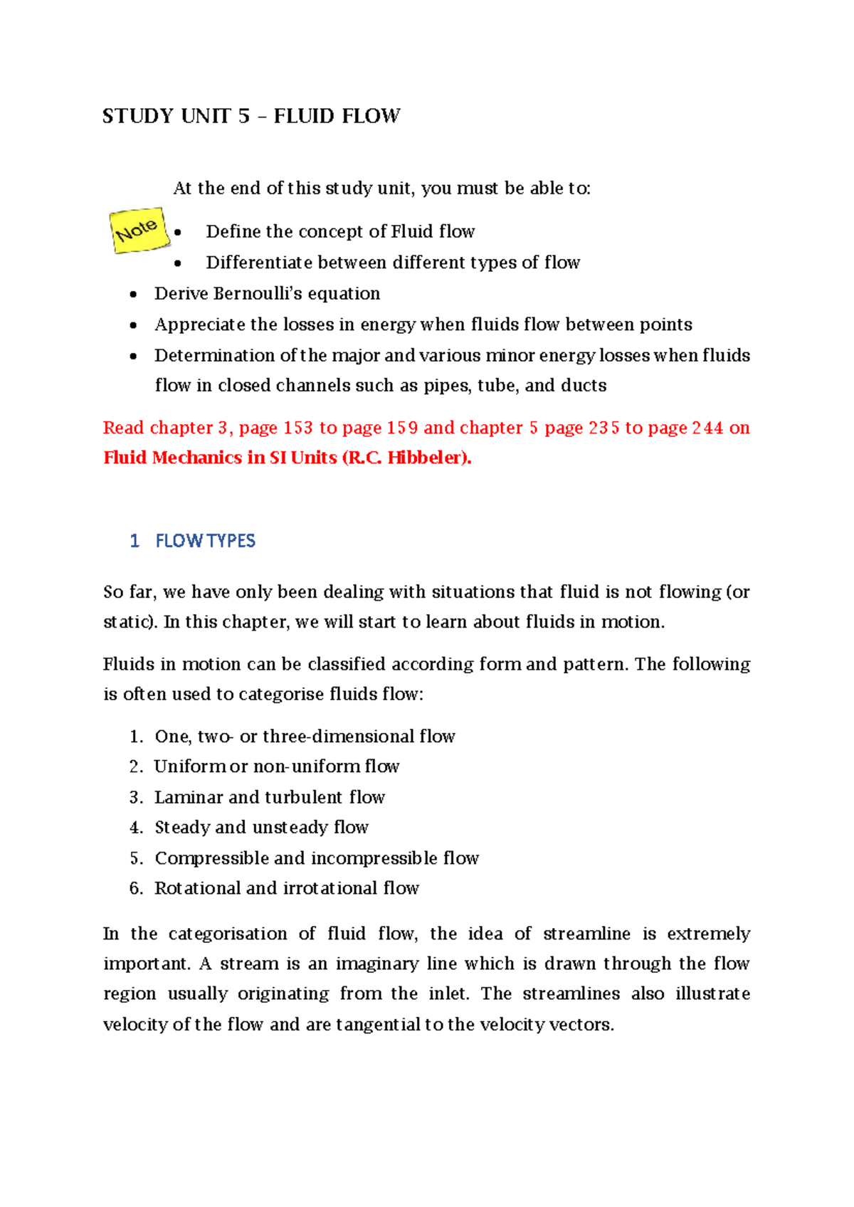 Fluid Flow Study Unit 5: Types, Equations, and Energy Losses - Studocu