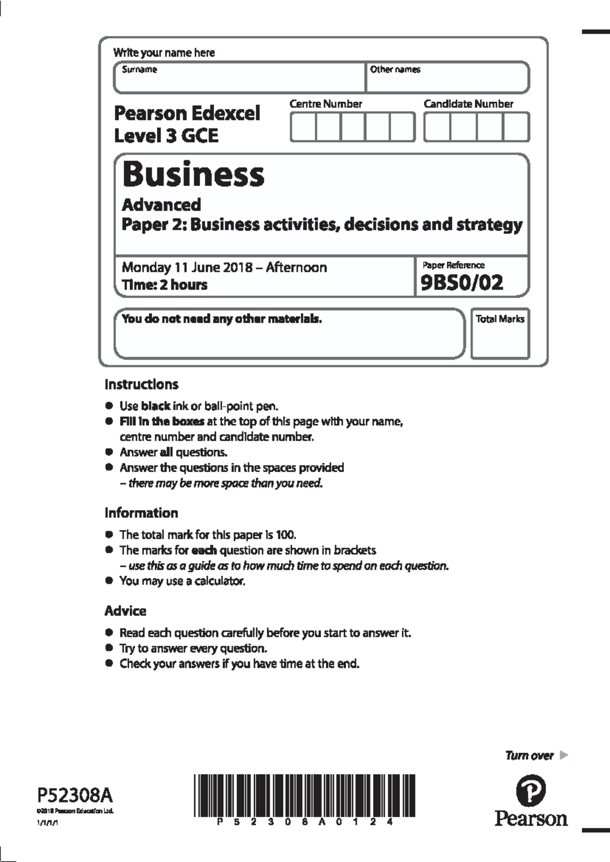 Business 2018 Paper 2: Activities, Decisions & Strategy Exam - Studocu