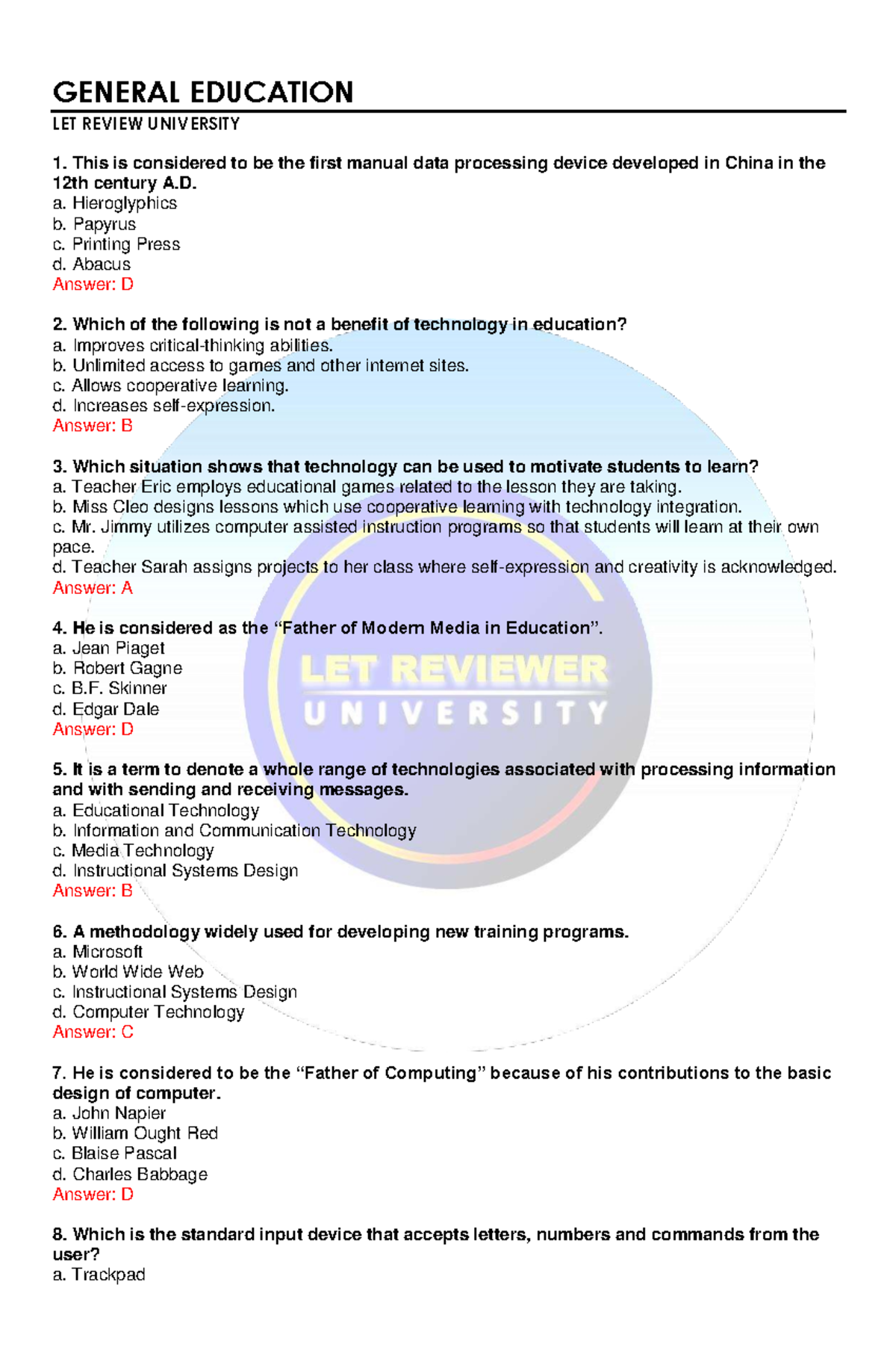 General Education LET Review: Key Concepts and Questions - Studocu