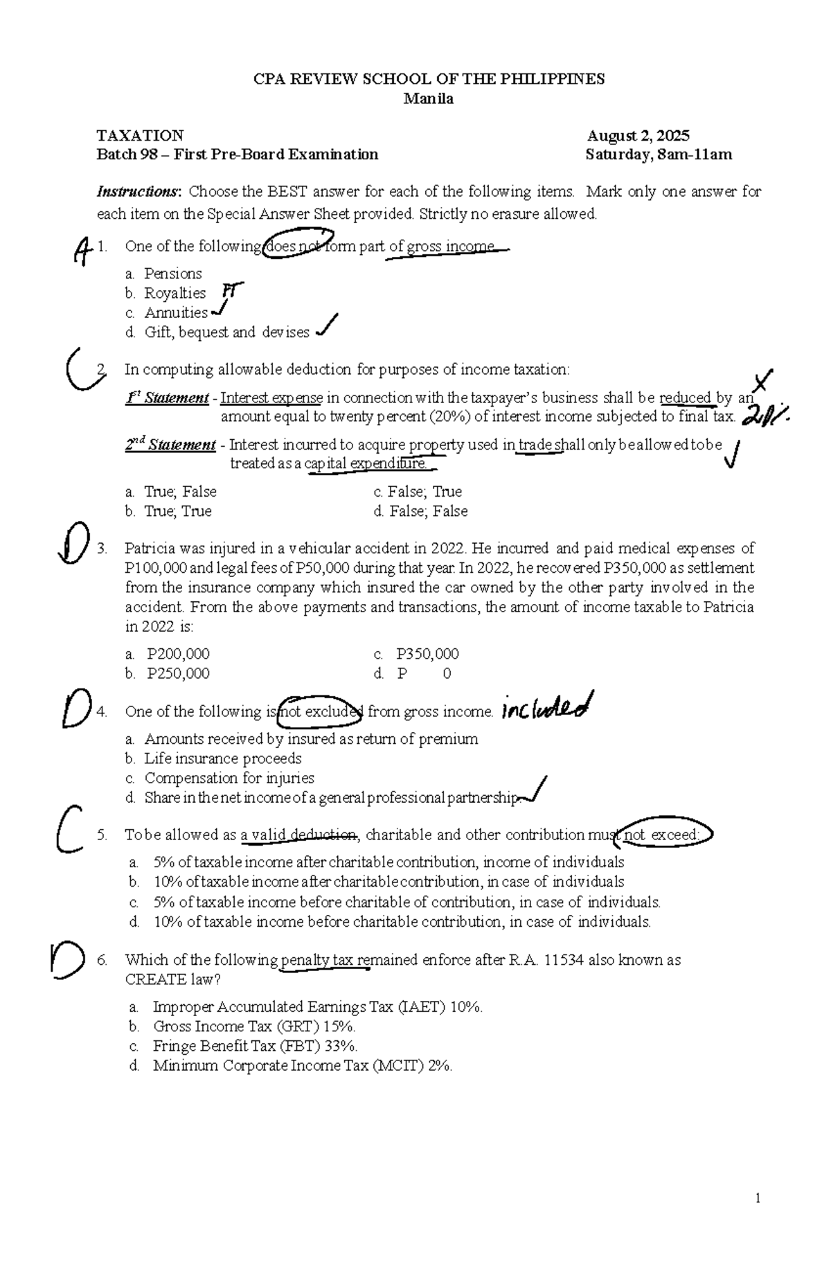 TAXATION & AFAR 1ST PREBOARD EXAMINATION - BATCH 98 - Studocu