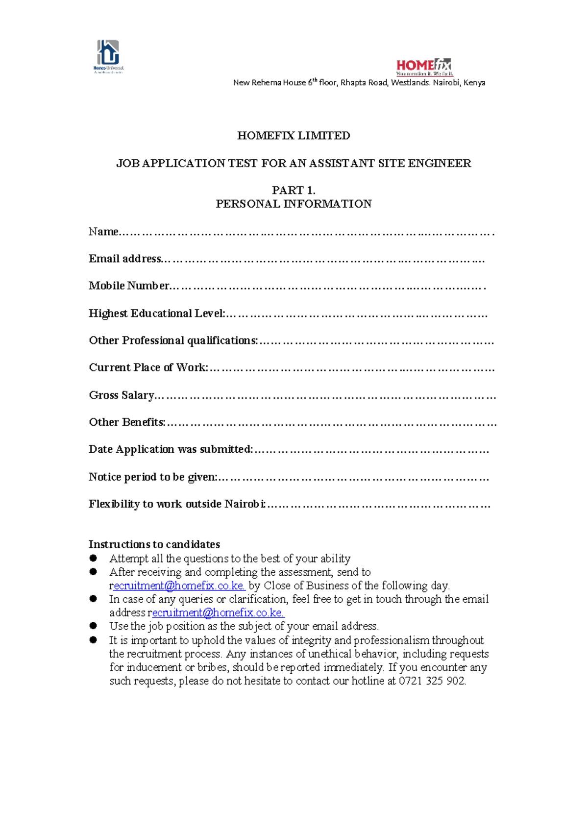 THE Assistant SITE Engineer Homefix - HOMEFIX LIMITED JOB APPLICATION ...