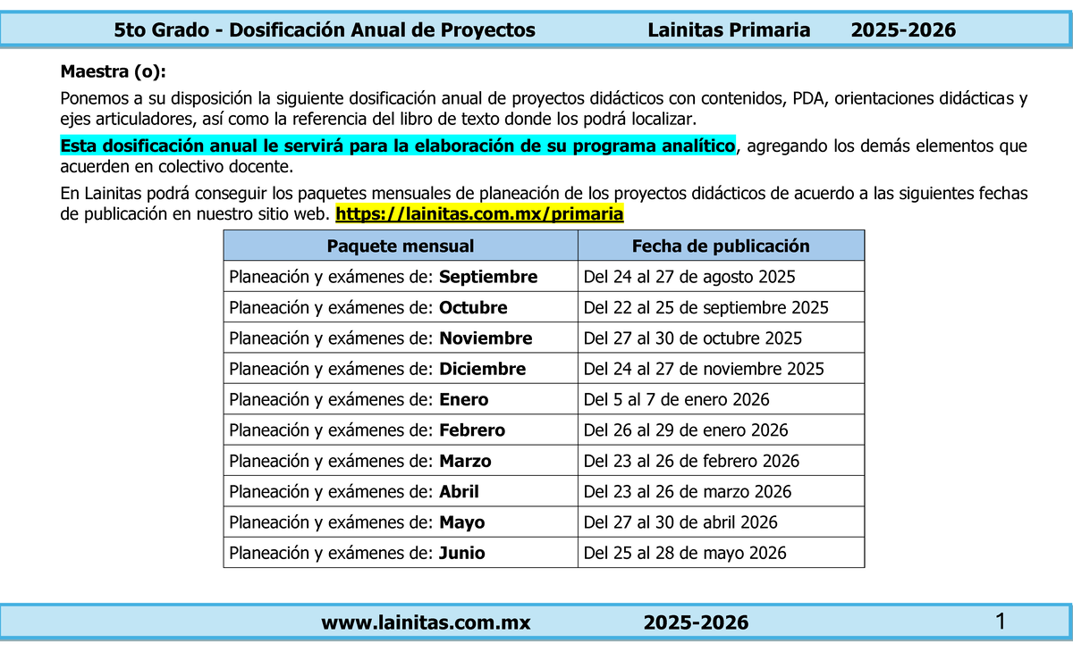 5to Grado - Dosificación Anual de Proyectos Lainitas Primaria (2025-2026) - Studocu