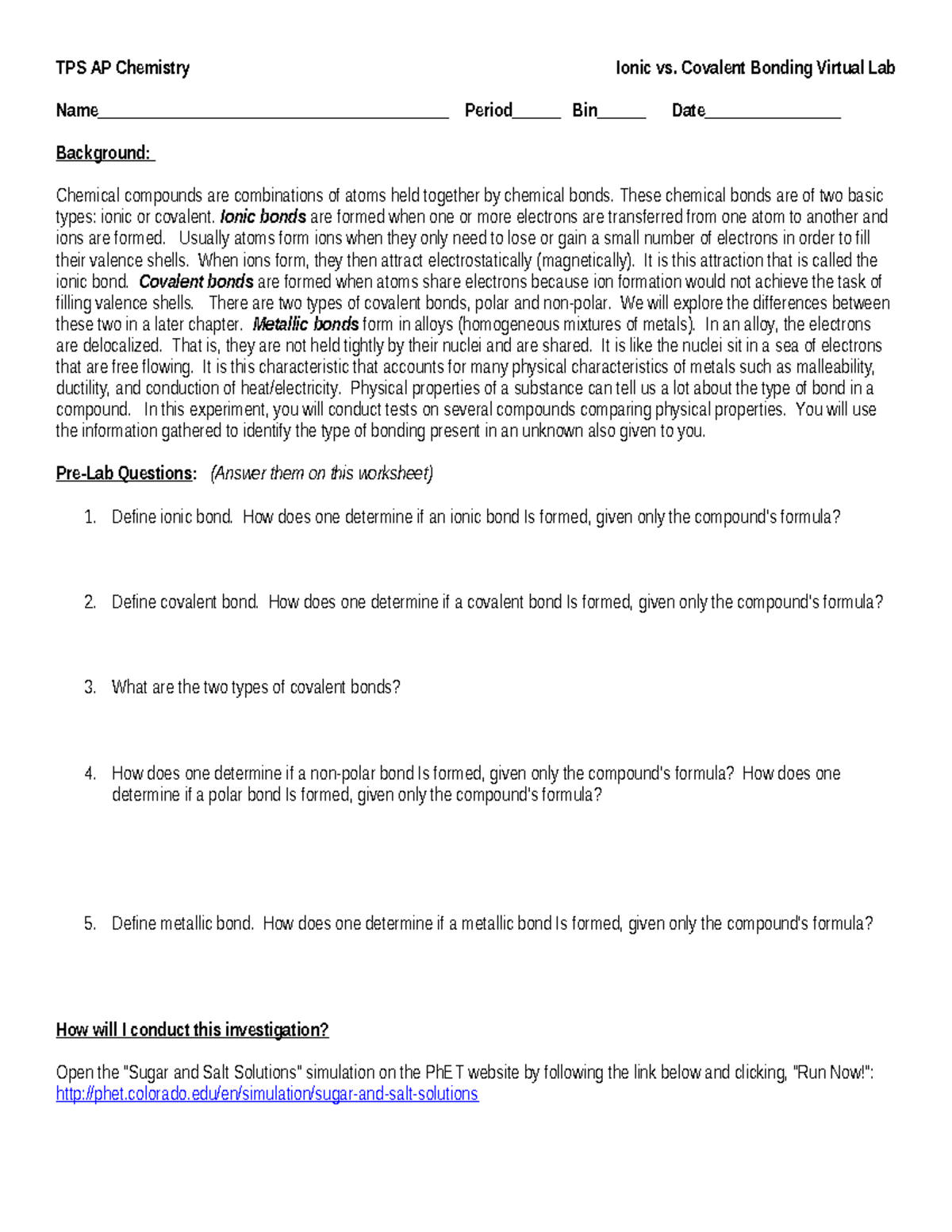 Lab Ionic v Covalent virtual - TPS AP Chemistry Ionic vs. Covalent ...