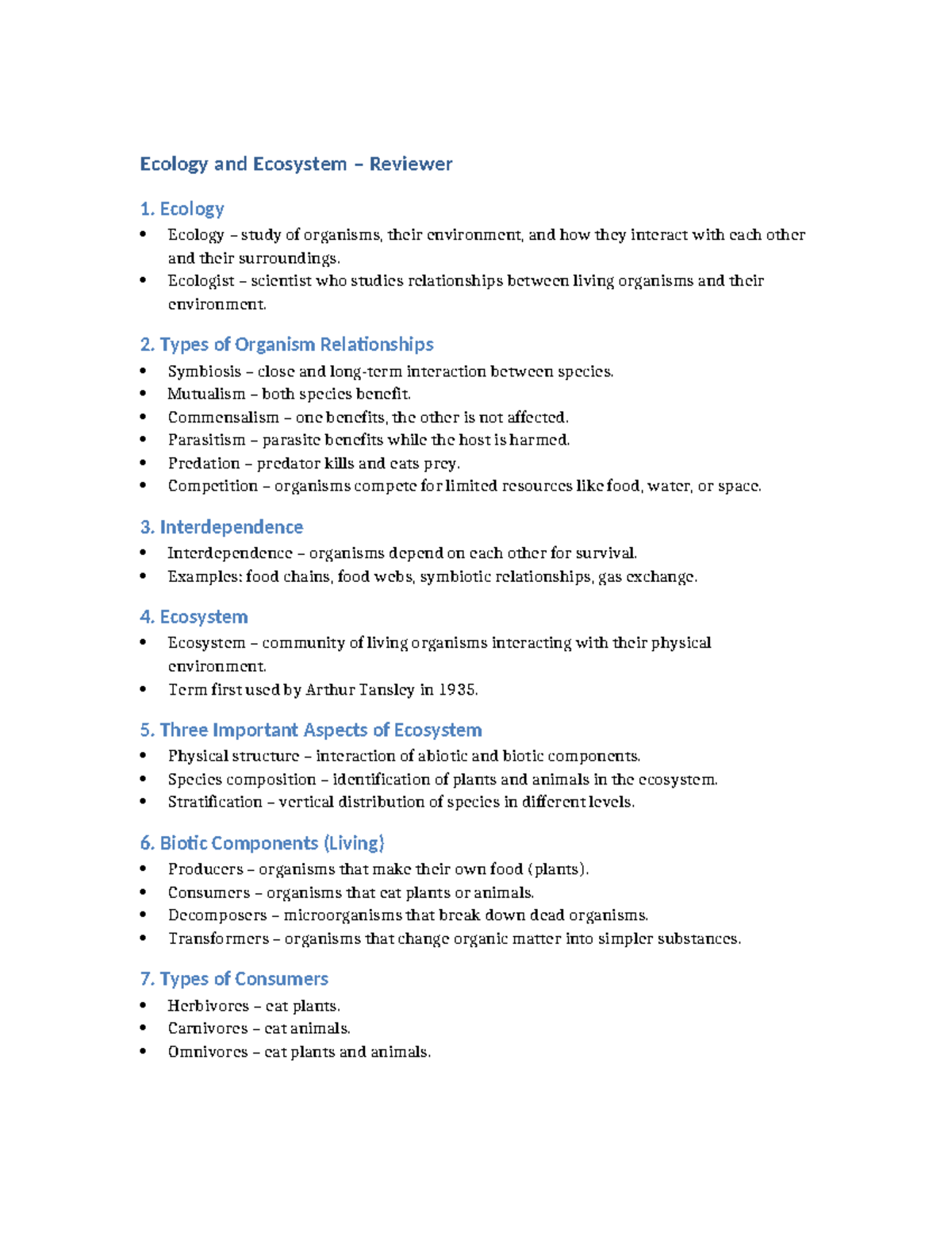 Ecology & Ecosystem Review Notes for Exam Preparation - Studocu