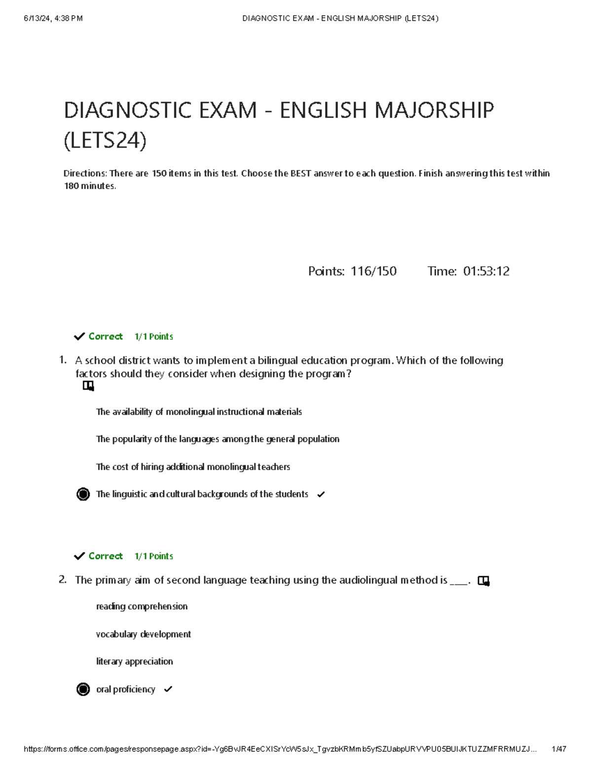 Diagnostic Exam - English Majorship Review (LETS24) - Studocu