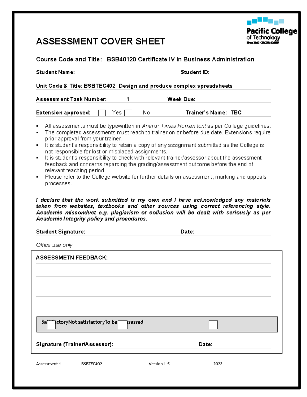 A1 BSBTEC402 Case Study: Design & Produce Complex Spreadsheets - Studocu