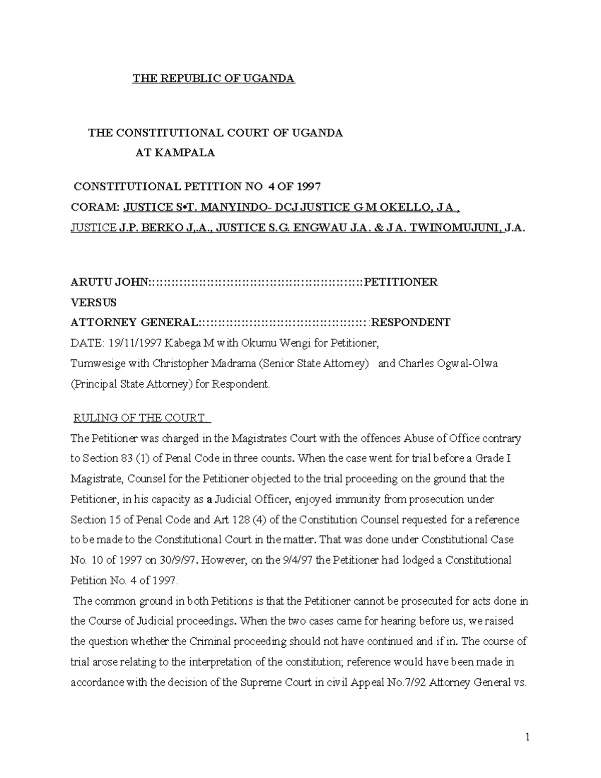 Constitutional Petition No. 4 of 1997: Arutu v Attorney General - Studocu