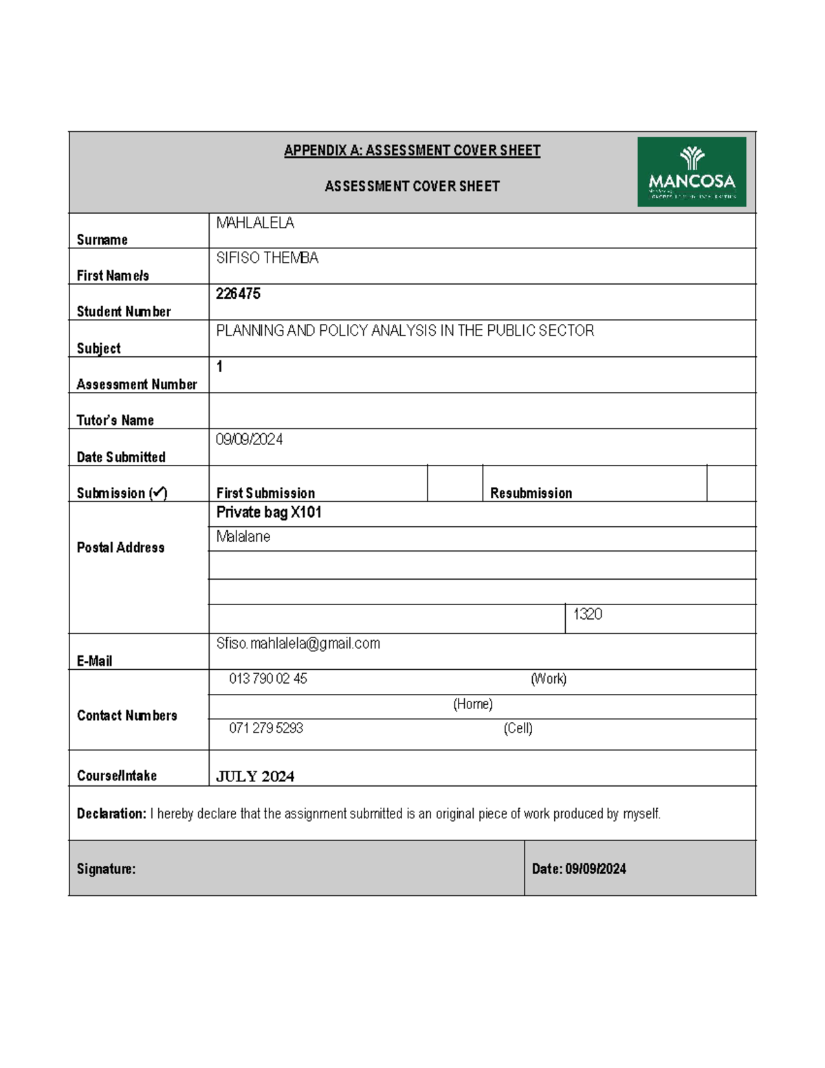 Assessment Cover Sheet.docx ass 1 - APPENDIX A: ASSESSMENT COVER SHEET ...