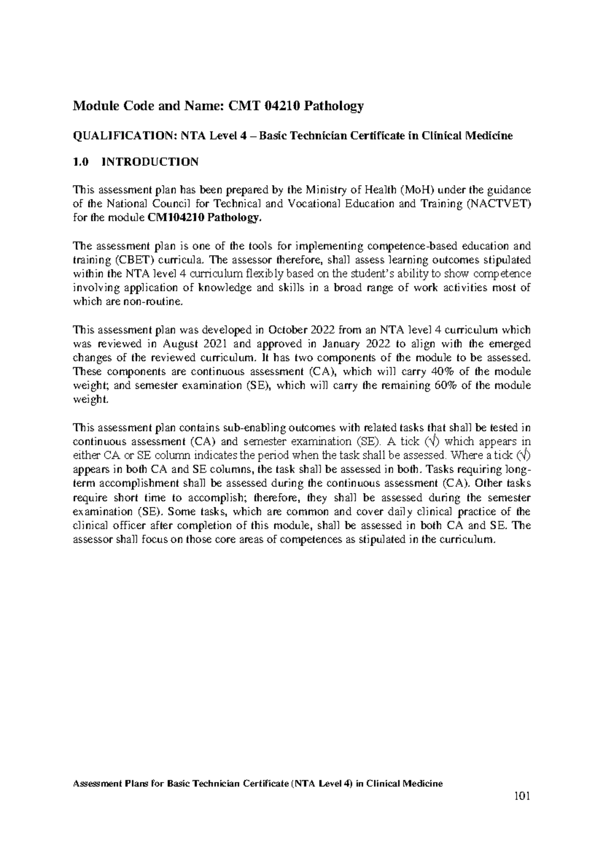 AP CMT 04210 Pathology Assessment Plan for NTA L4 Clinical Medicine ...