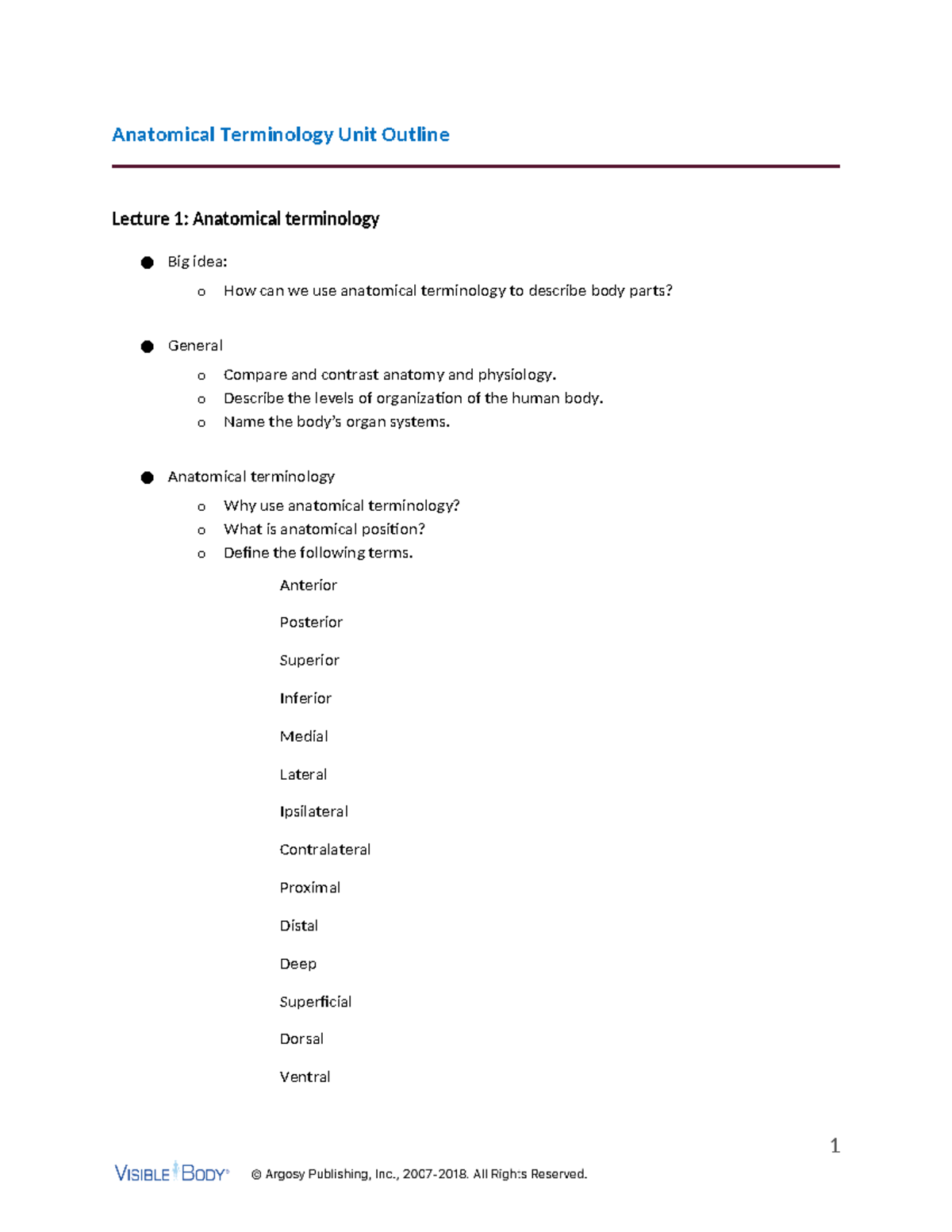 AP Outline: Anatomical Terminology Lecture 1 & 2 Overview - Studocu
