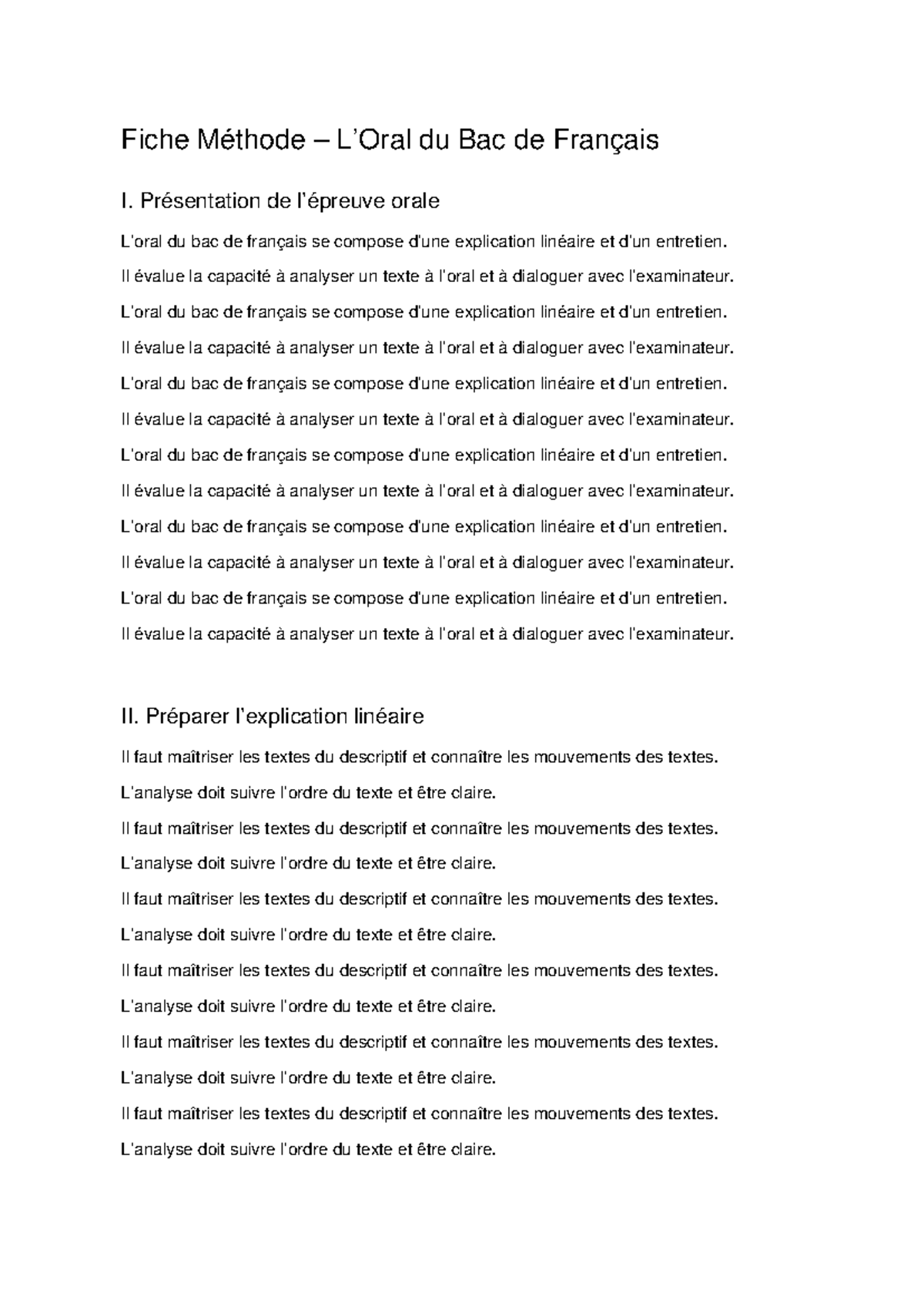 Fiche Méthode Oral Bac Français - Préparation et Analyse - Studocu
