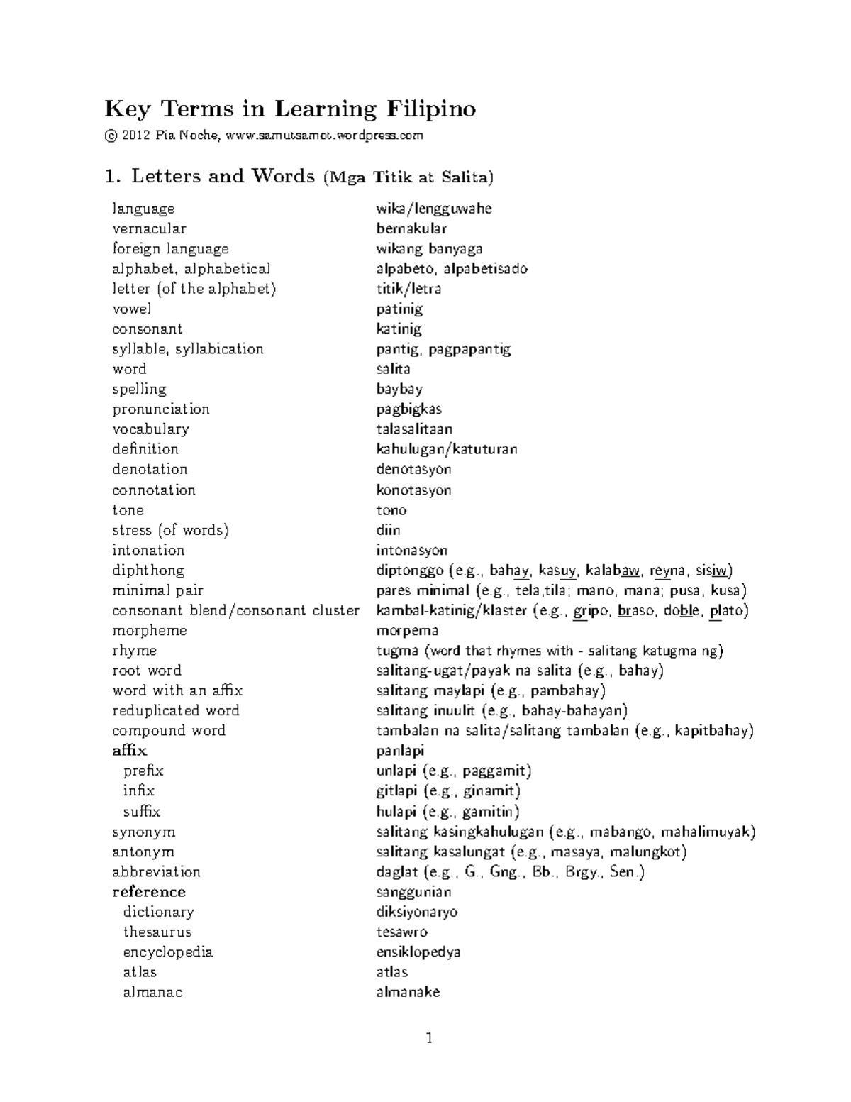 Key Terms in Learning Filipino (FIL101) - Vocabulary, Grammar, and ...