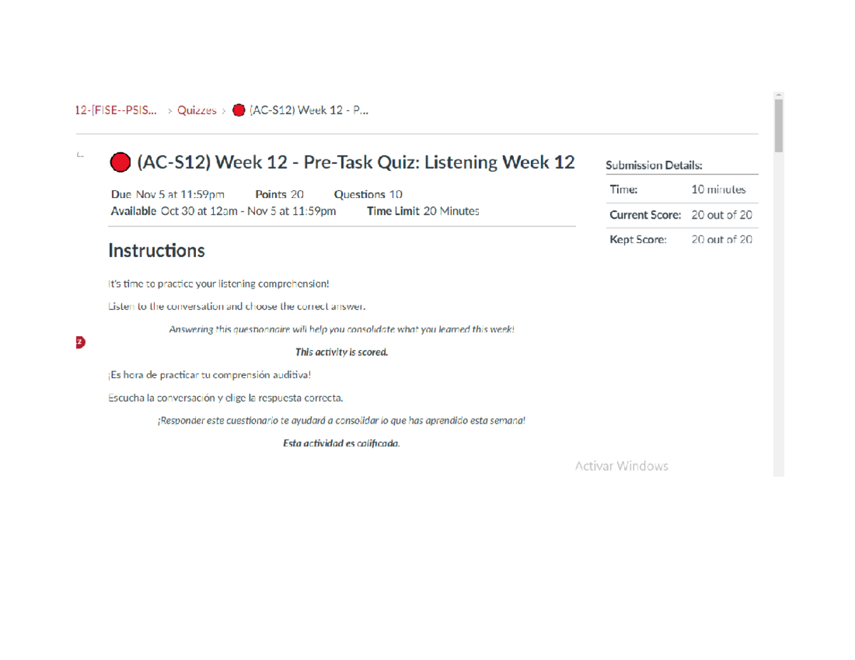 (AC-S12) Week 12 - Listening Pre-Task Quiz Instructions & Tips - Studocu