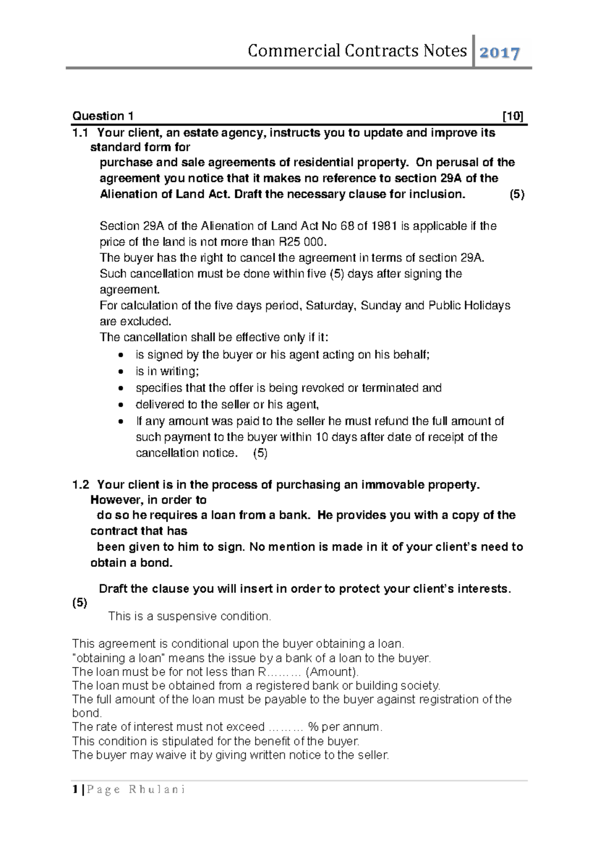 Rhulani CCO Commercial Contracts Notes 2017: Key Clauses and Drafts ...