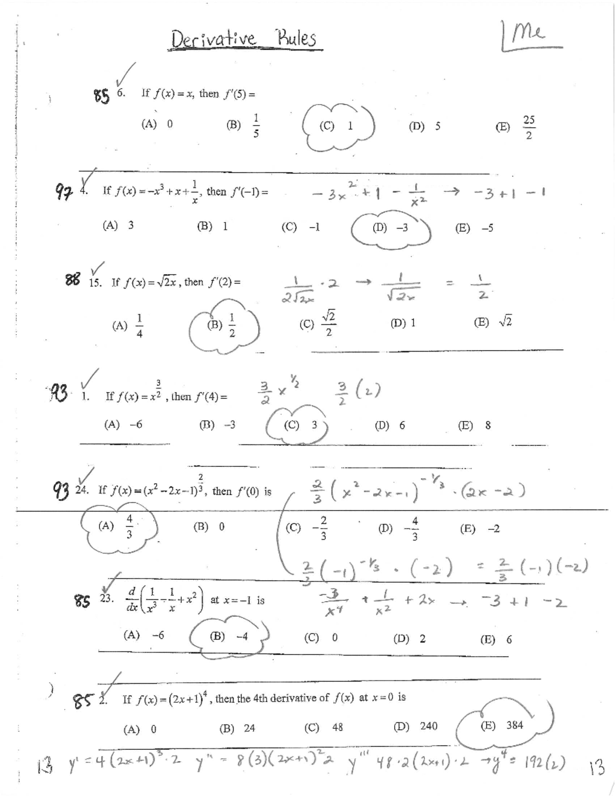 Derivative Rules ME 85 - Key for Study Guide - Studocu