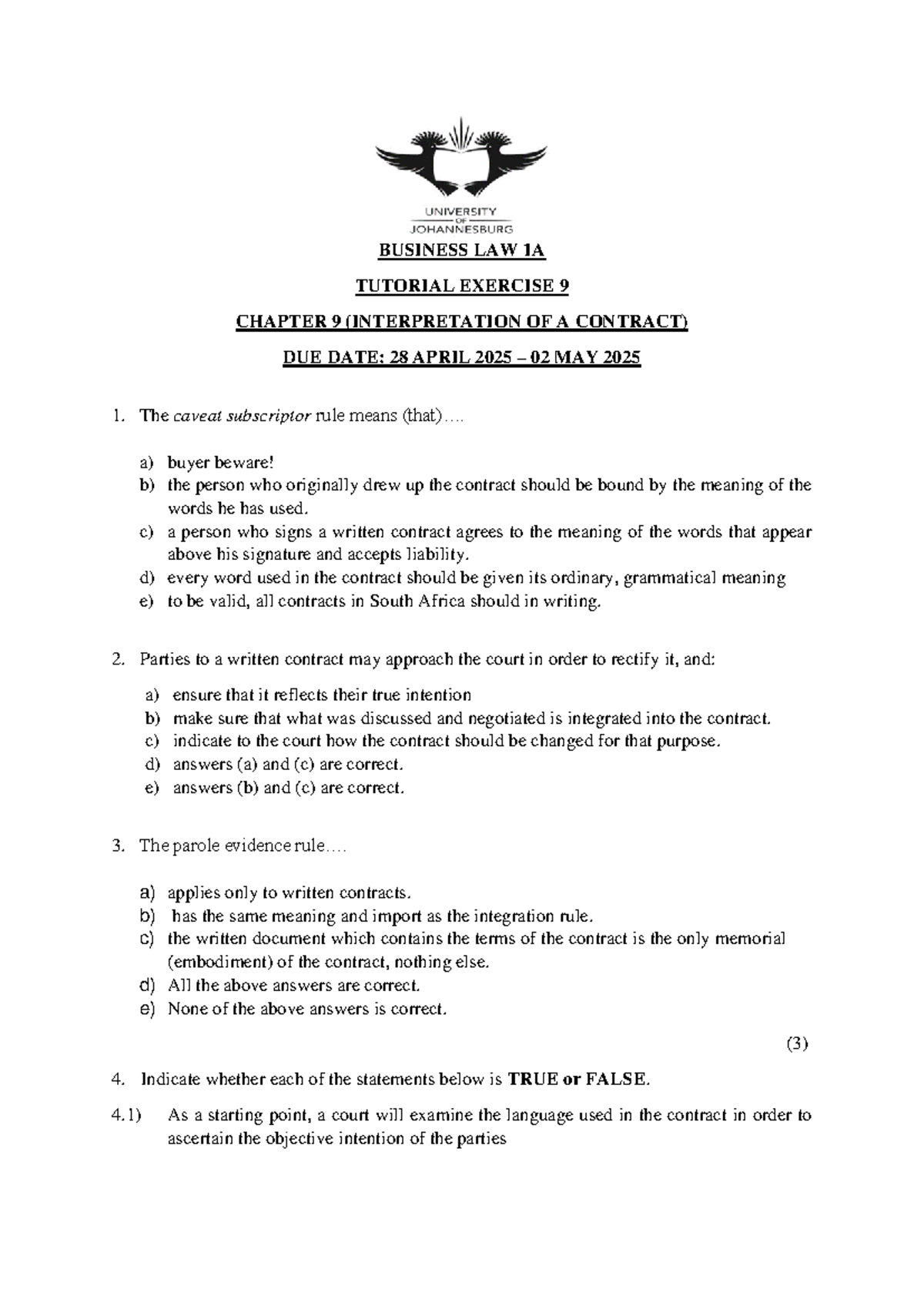 BUSINESS LAW 1A TUTORIAL EXERCISE 9 - CONTRACT INTERPRETATION - Studocu