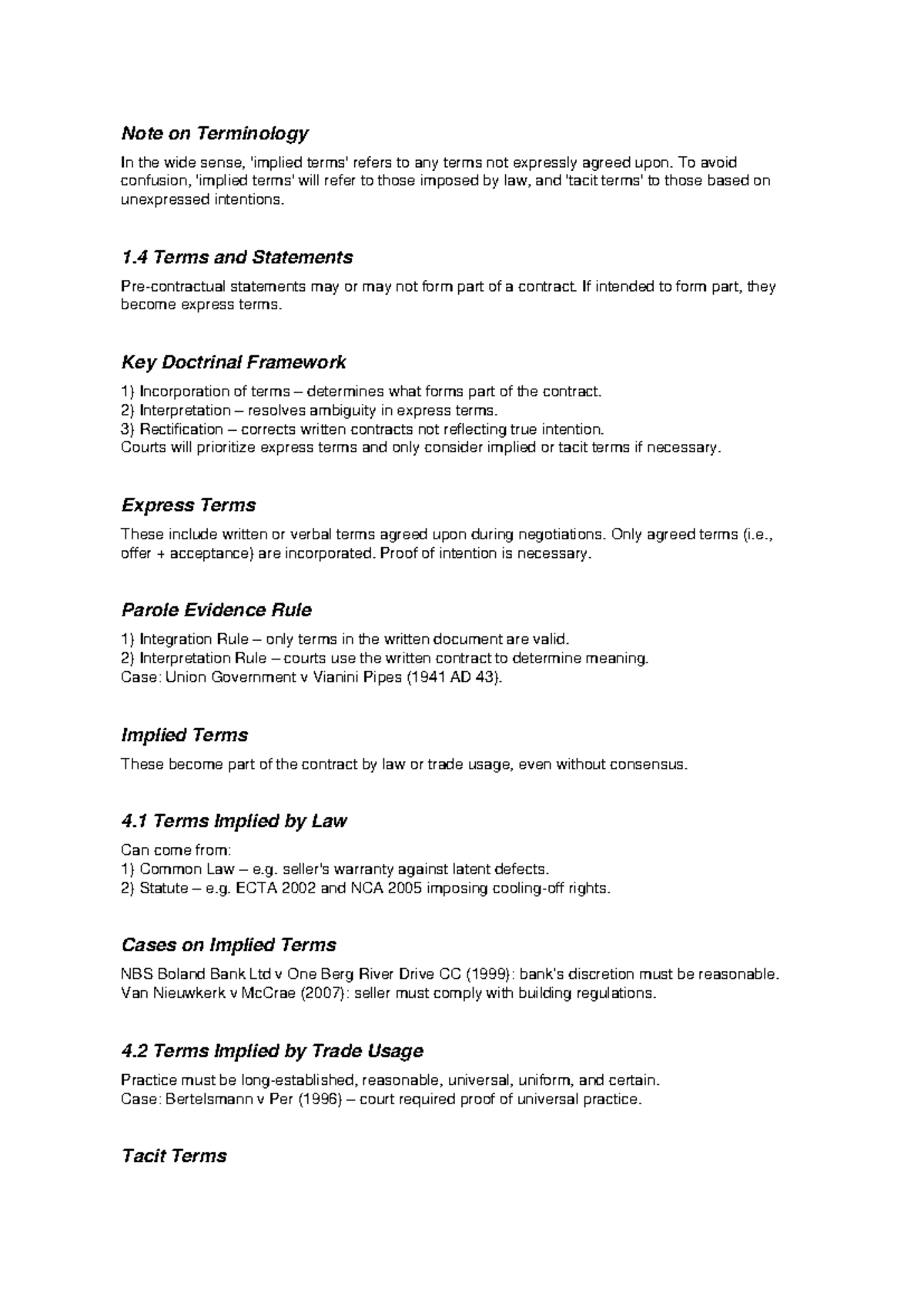 Contract Law Terms Summary: Key Concepts and Cases - Studocu