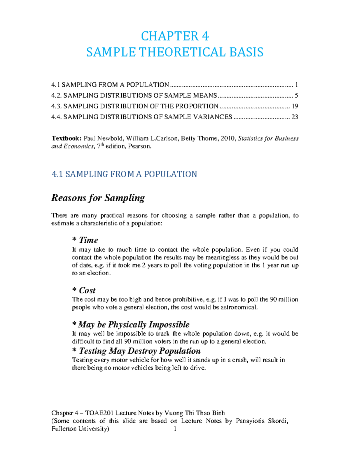 TOAE201 Lecture Notes: Chapter 4 - Sampling Theory and Distributions ...