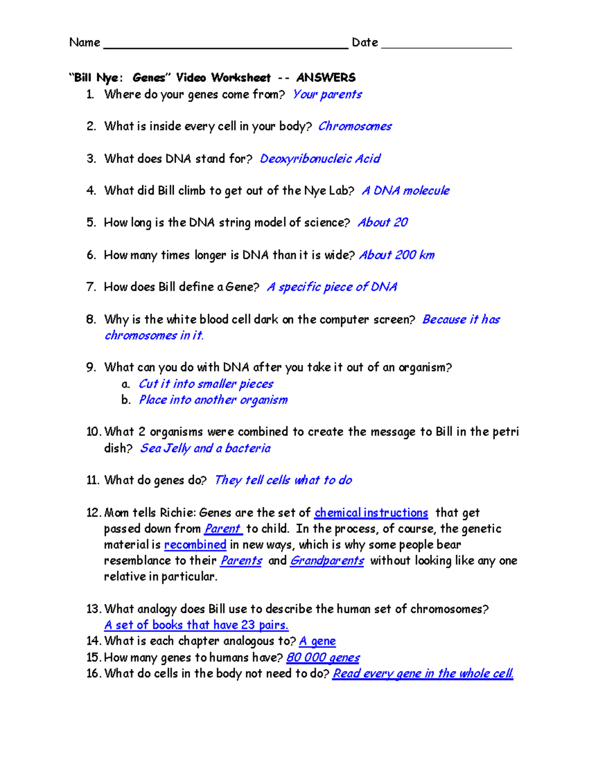 Bill nye genes worksheet answer key s - Name Date ...