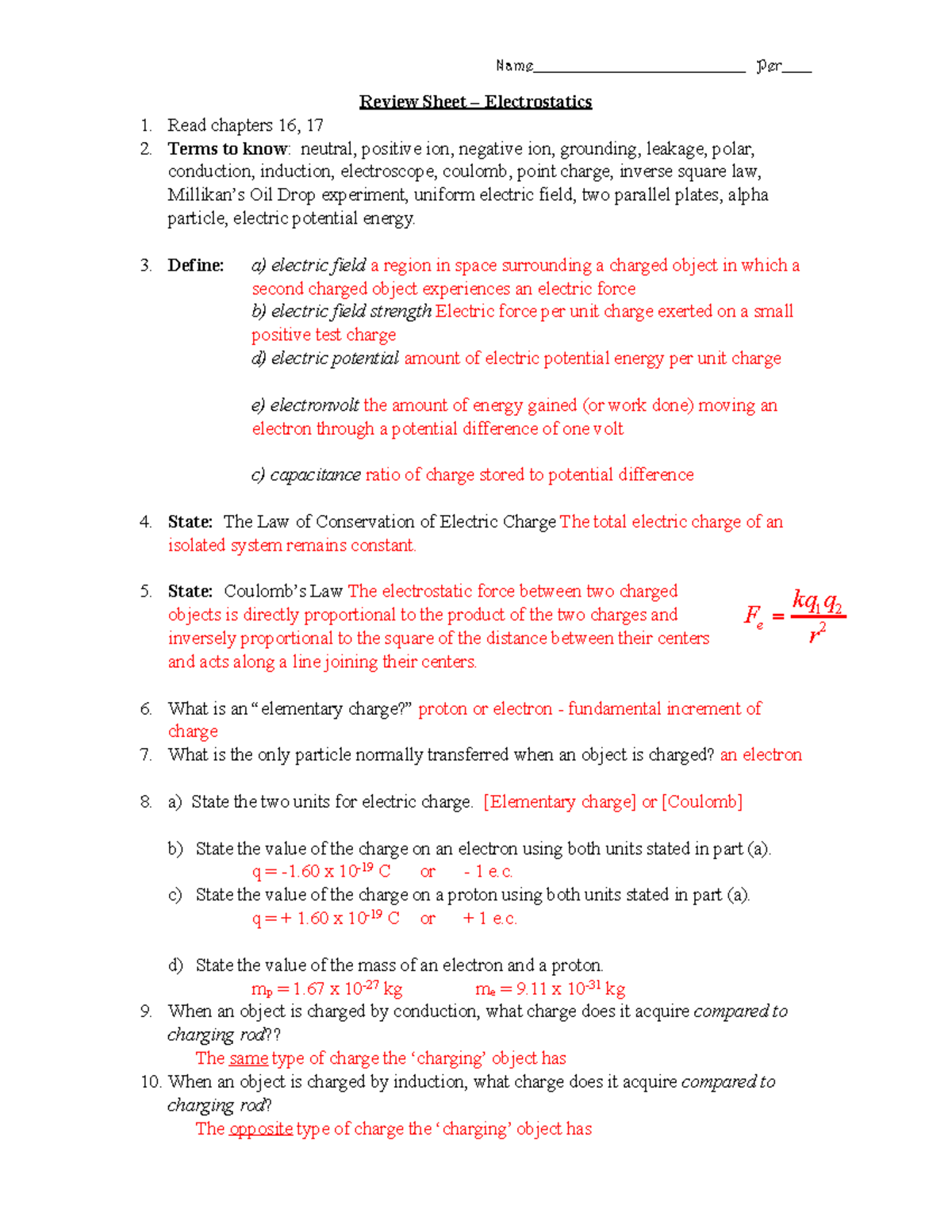 Review 10 Electrostatics KEY: Concepts & Definitions - Studocu