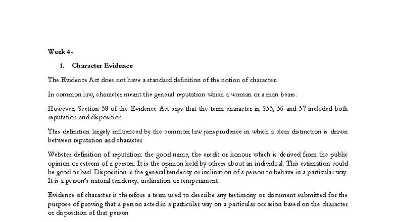 Character evidence - Week 4- 1. Character Evidence The Evidence Act ...