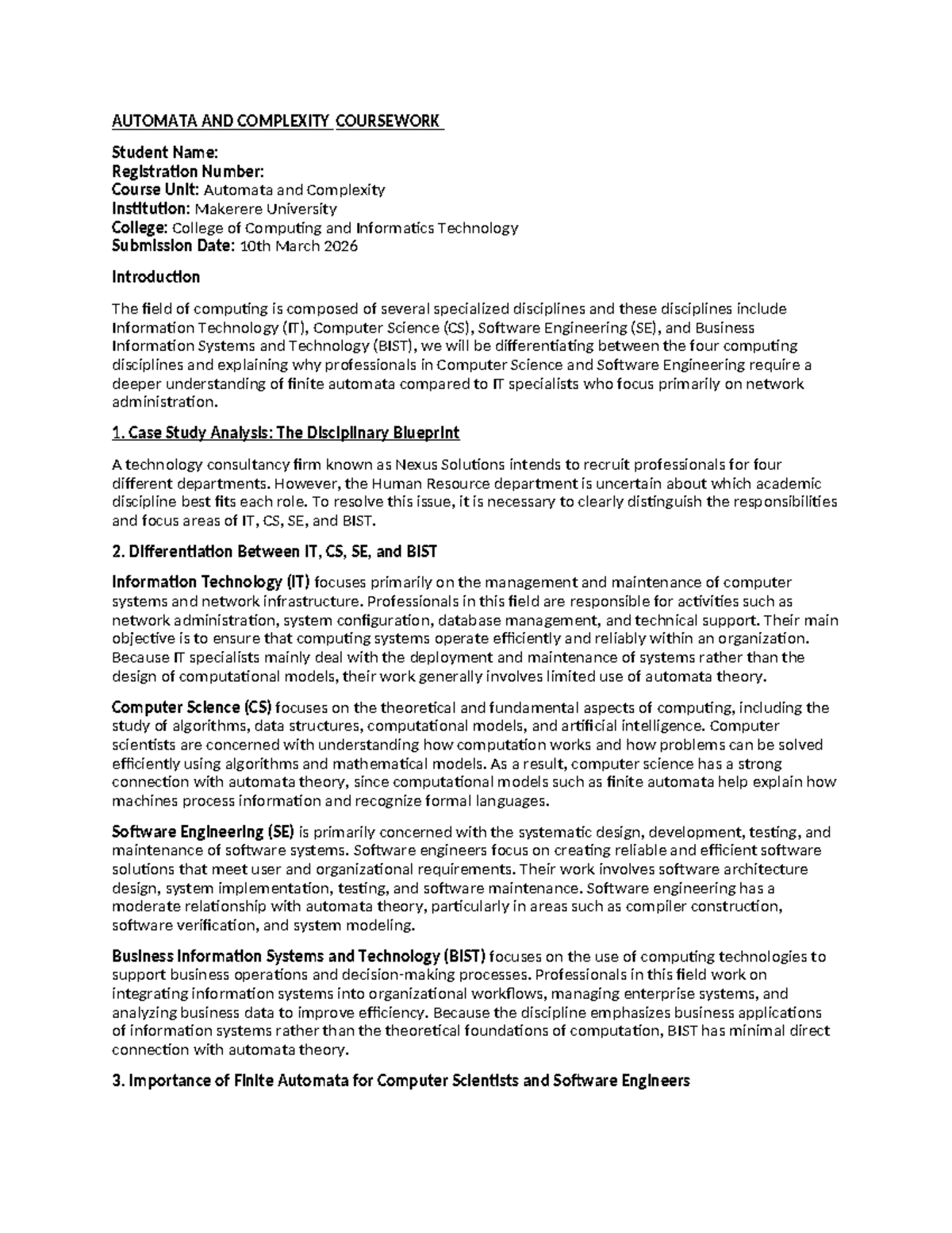 Automata and Complexity Coursework (CS 101) - A Comprehensive Analysis ...