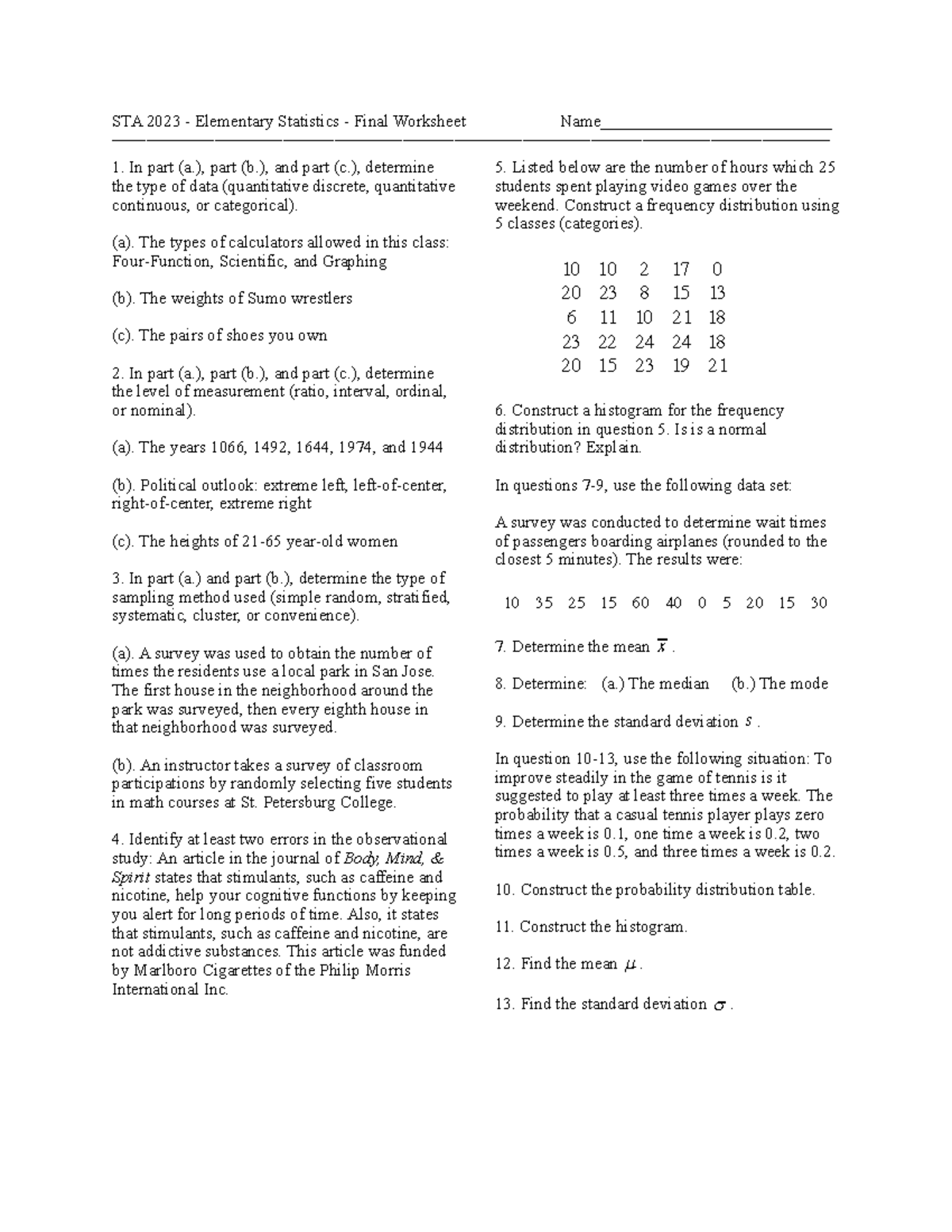 STA 2023 - Elementary Statistics - Final Worksheet - Studocu